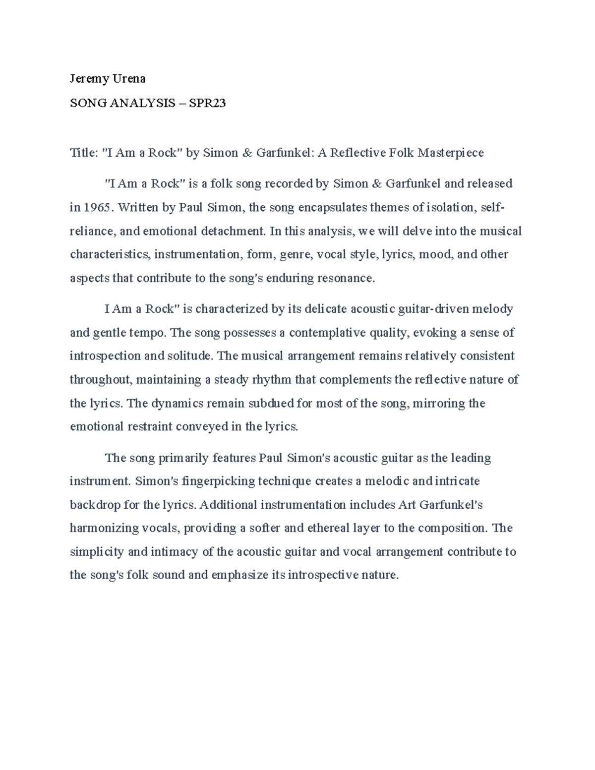 SONG Analysis – SPR23 - music - Jeremy Urena SONG ANALYSIS – SPR Title ...