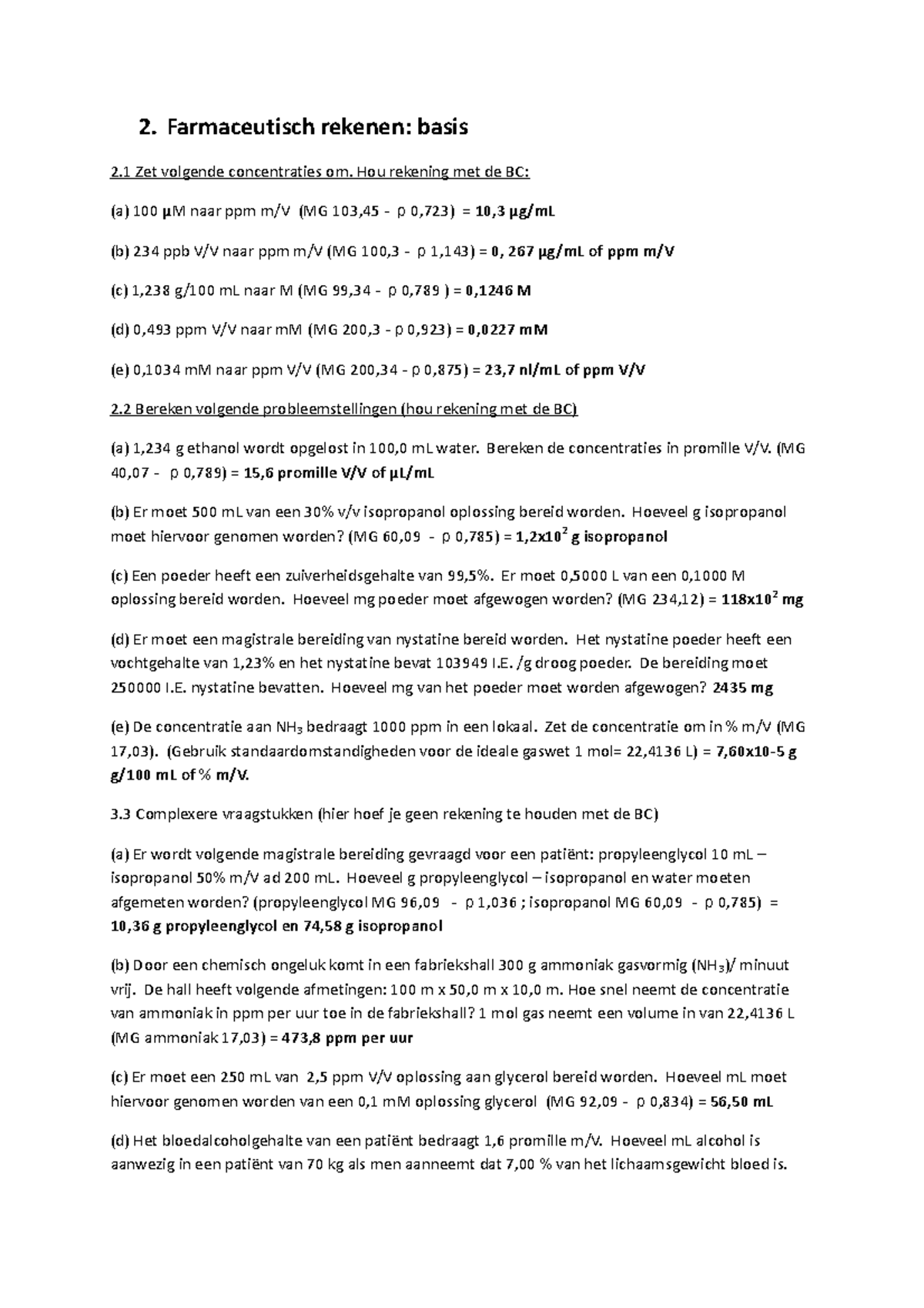 Oefeningen WC2 farmaceutisch rekenen - 2. Farmaceutisch rekenen: basis ...
