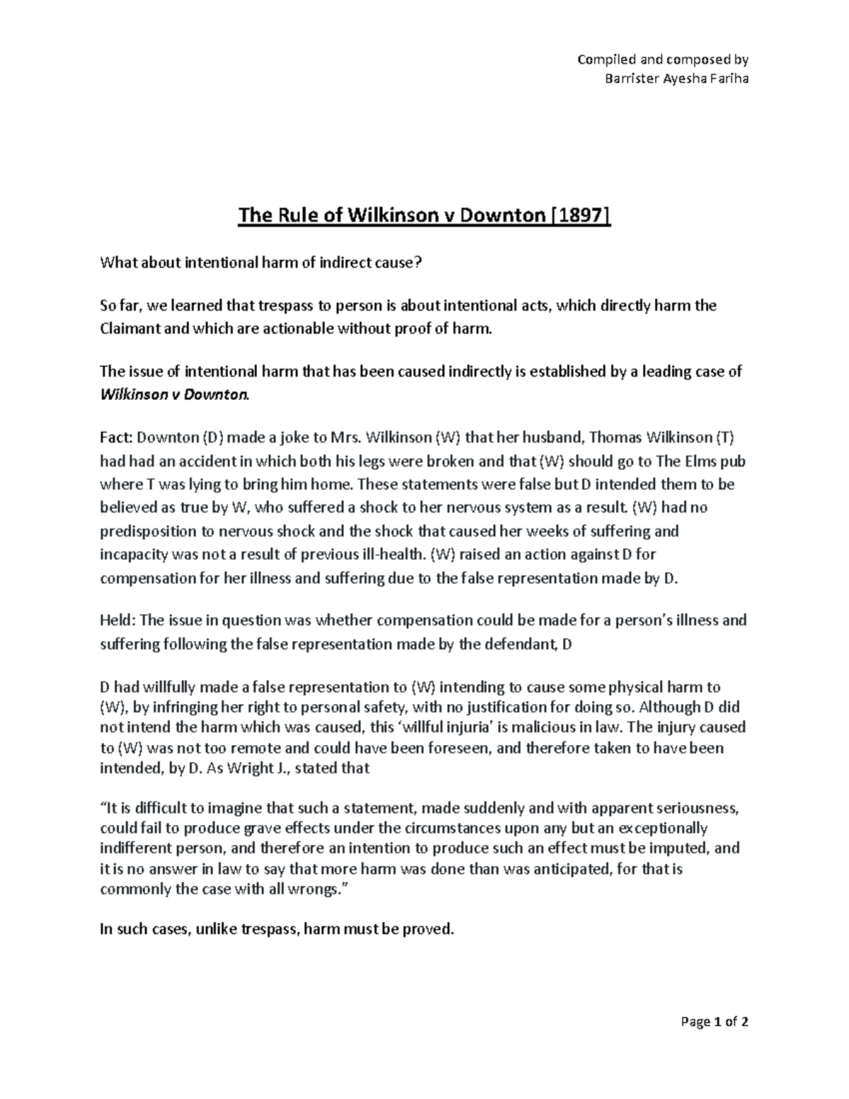 The Rule of Wilkinson v Downton - The issue of intentional harm that ...
