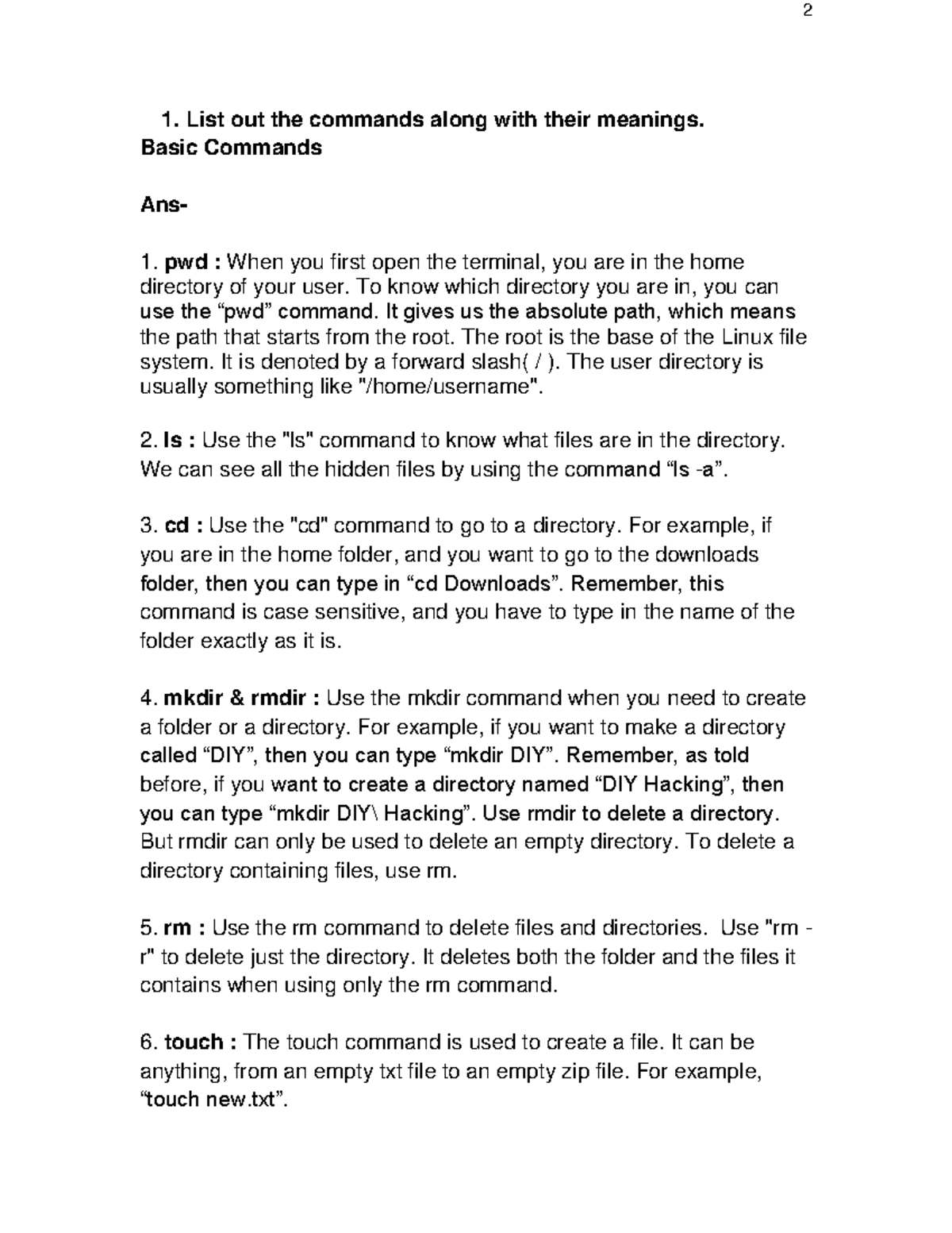 Pca1 Operating Systems Lab 58 List Out The Commands Along With Their Meanings Basic Commands