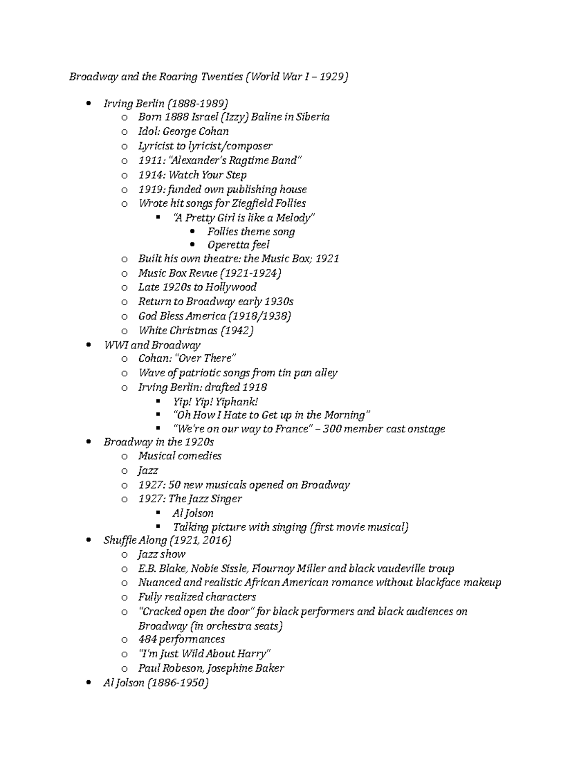 Broadway and the Roaring Twenties - Lecture notes - Broadway and the ...