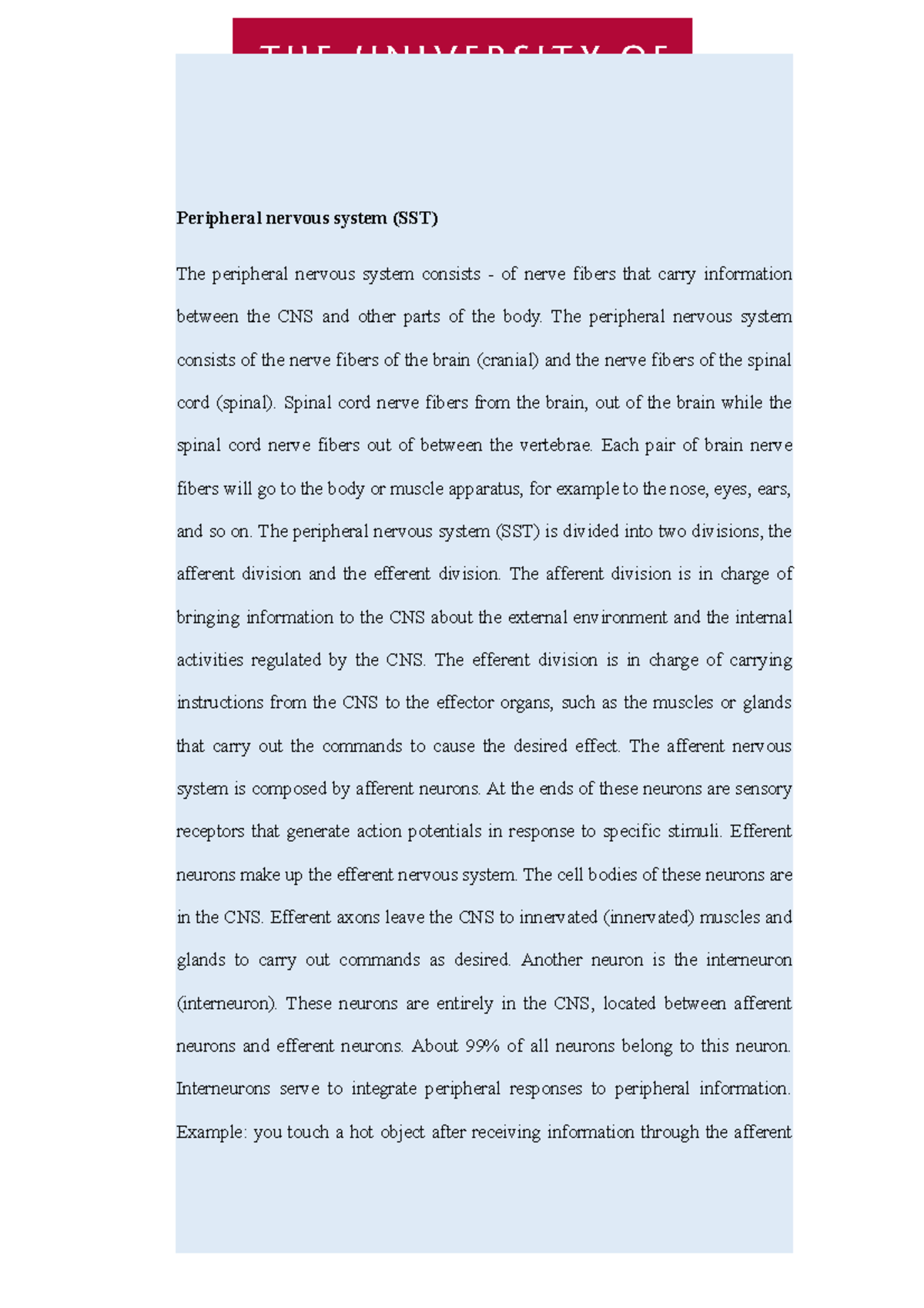 Notes Biology - Peripheral nervous system (SST) - Peripheral nervous ...