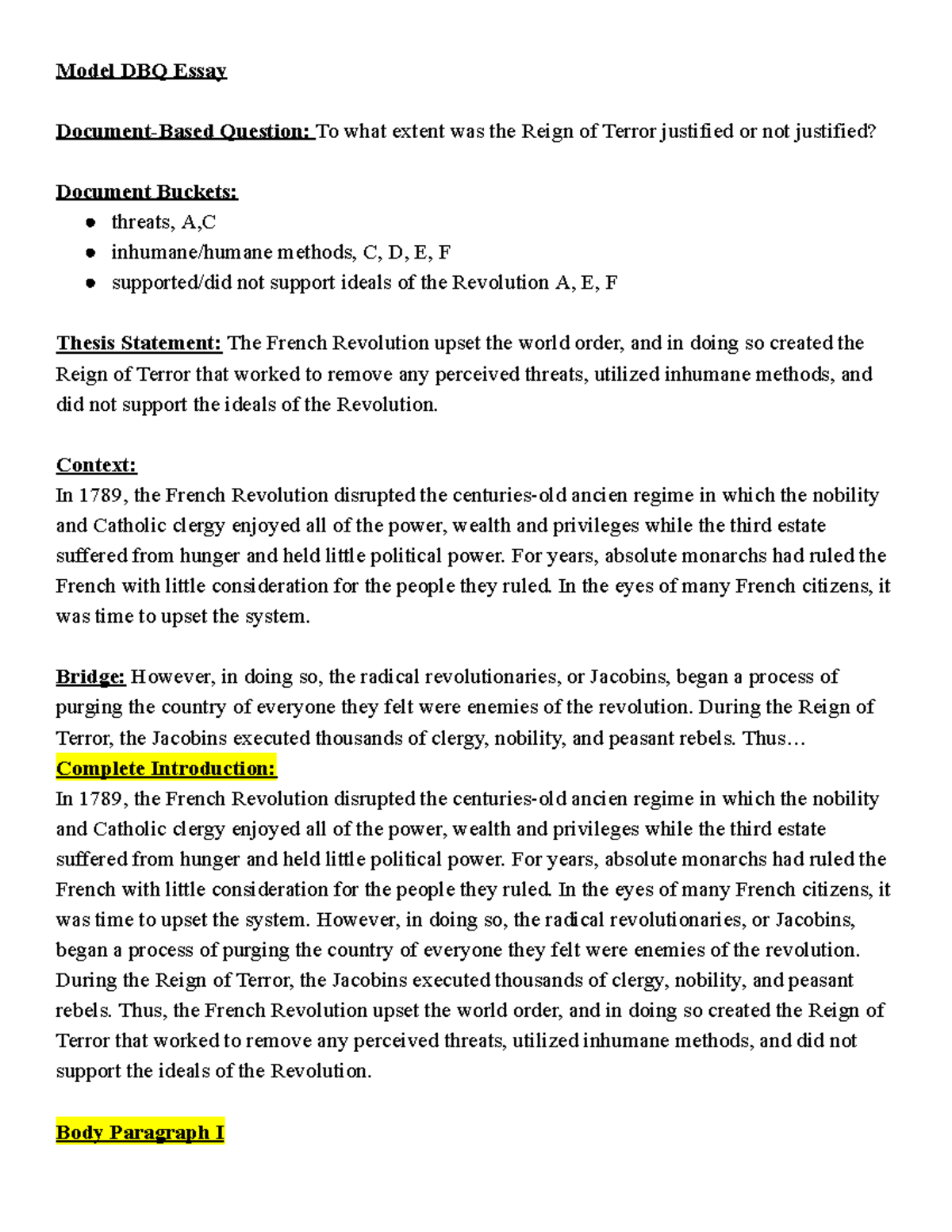 Copy of Model DBQ Essay - Model DBQ Essay Document-Based Question: To ...