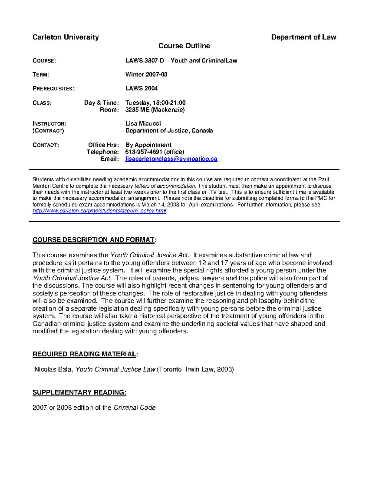 Youth and Criminal Law - Course Outline. - Carleton University ...