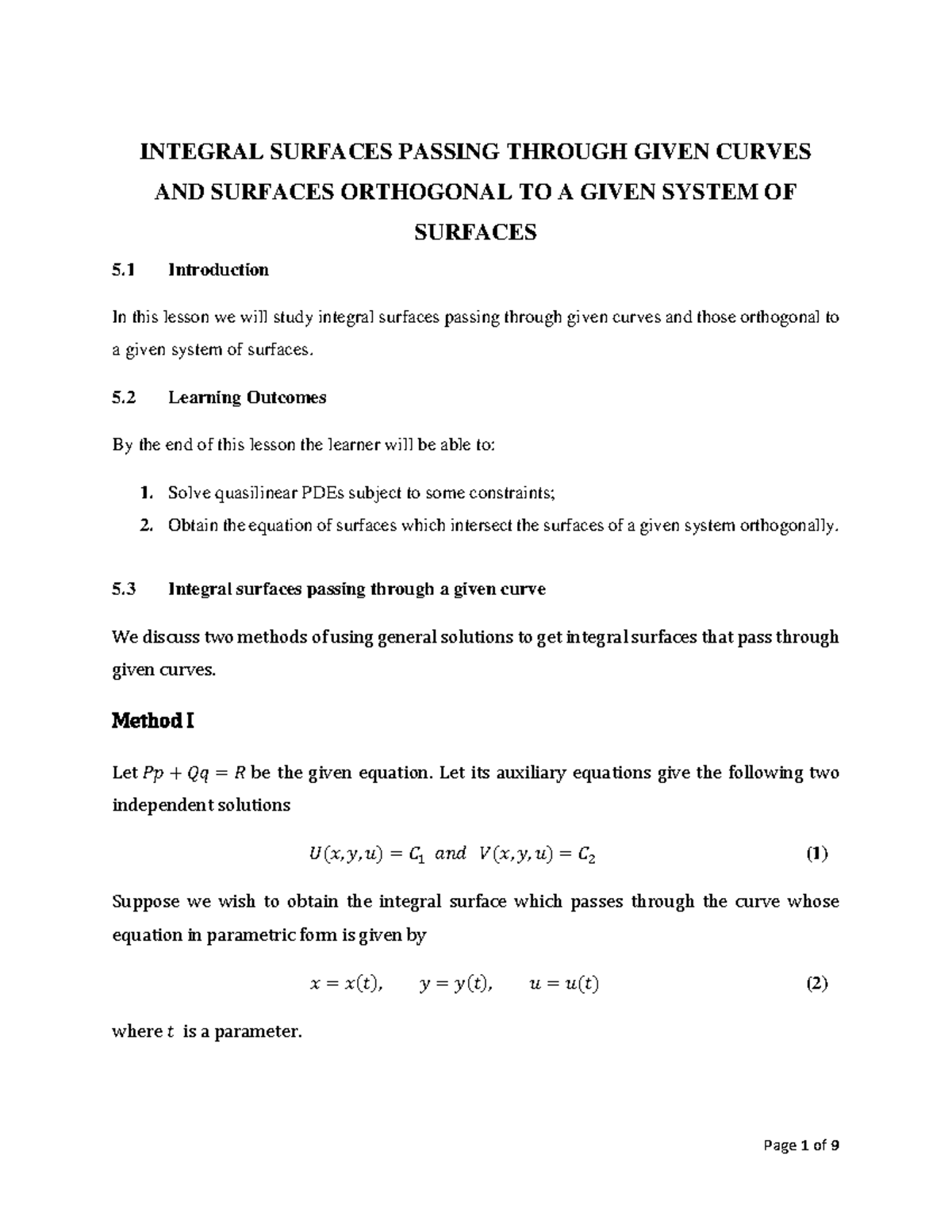 Lesson 5 PDE I MAT 418 - okk, user friendly - INTEGRAL SURFACES PASSING THROUGH GIVEN CURVES AND ...