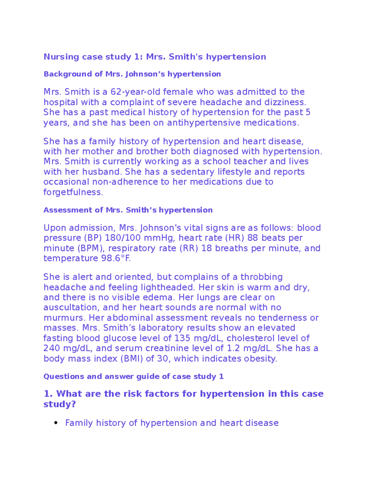 Med Surg Case Studies - Nursing case study 1: Mrs. Smith's hypertension Background of Mrs ...