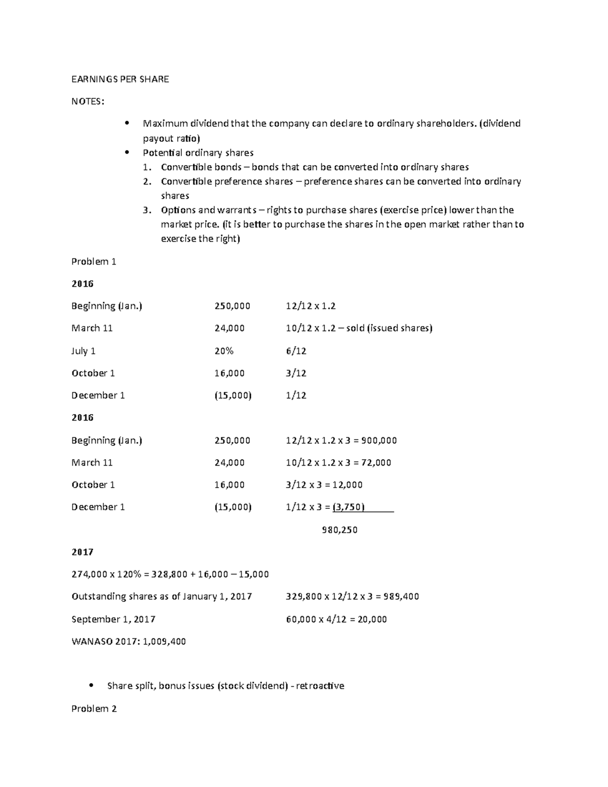 Earnings PER Share Financial Accounting - EARNINGS PER SHARE NOTES ...