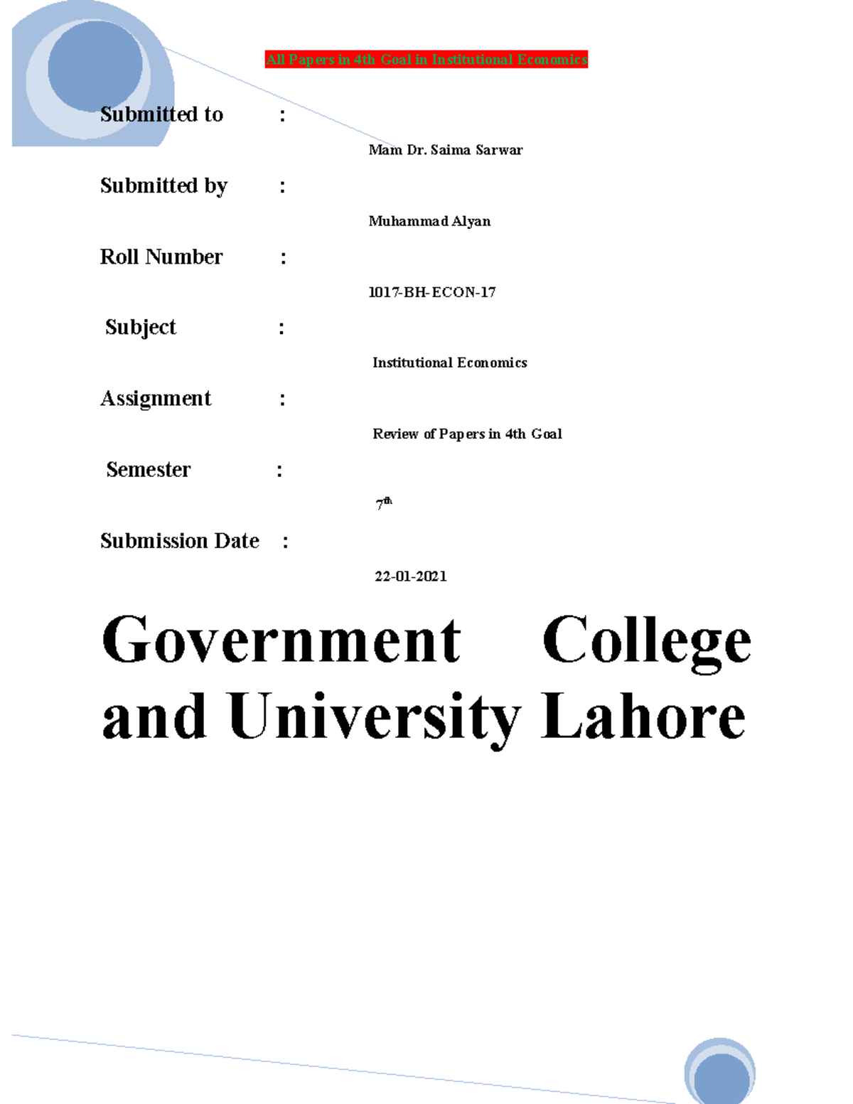 1017-BH-ECON-17, Muhammad Alyan, Review Papers of 4th Goal - Submitted ...