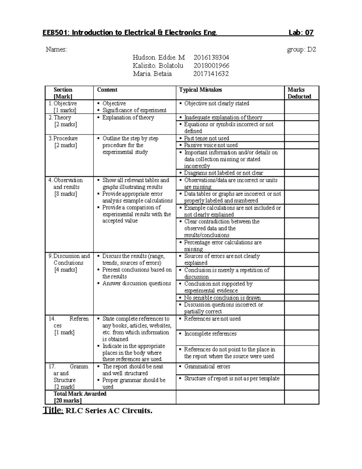 introduction to electrical engineering EEB LAB7 - Names: group: D ...