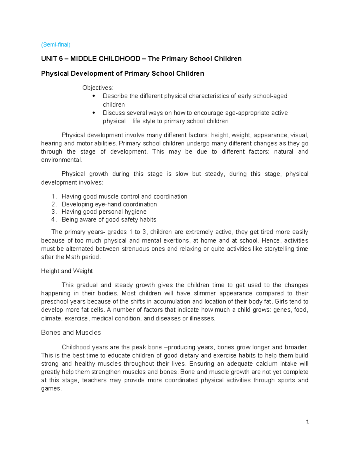 Middle Childhood – The Primary School Children - (Semi-final) UNIT 5 ...