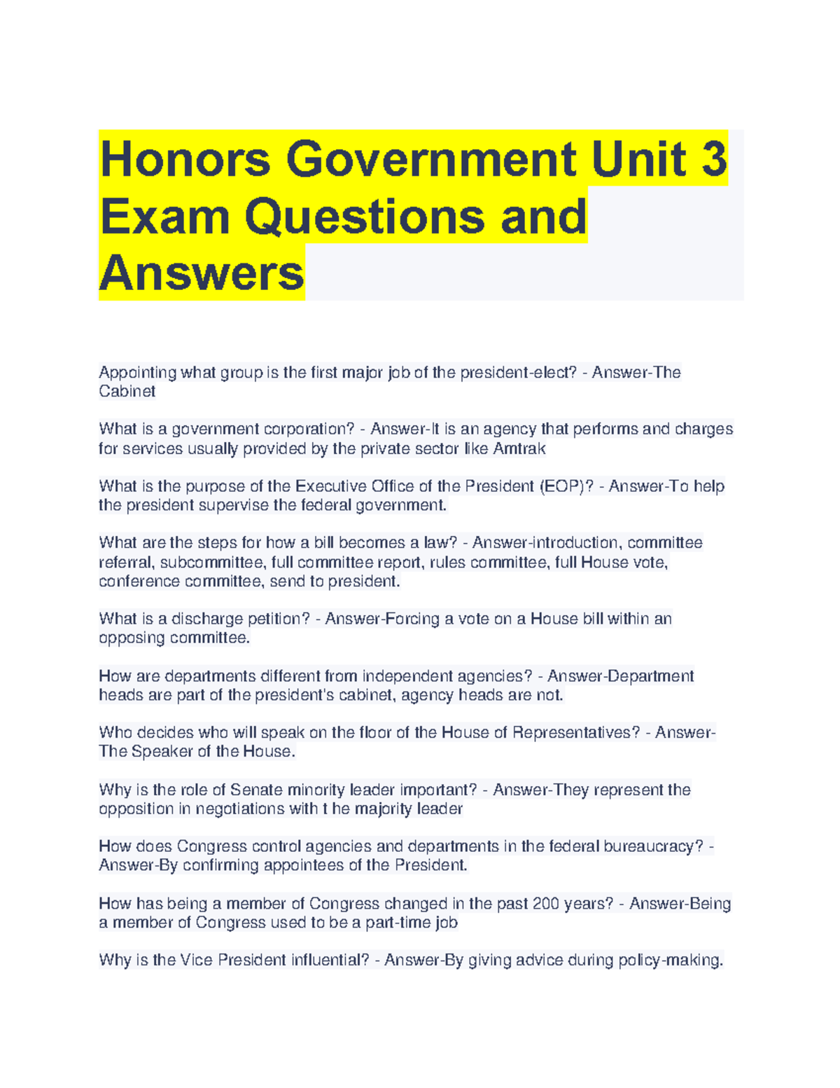 Honors Government Unit 3 Exam Questions and Answers - Honors Government ...