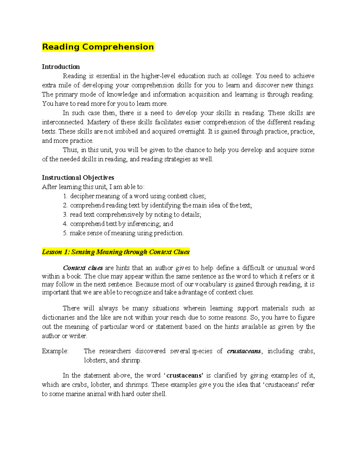 Reading-Comprehension - Reading Comprehension Introduction Reading is ...