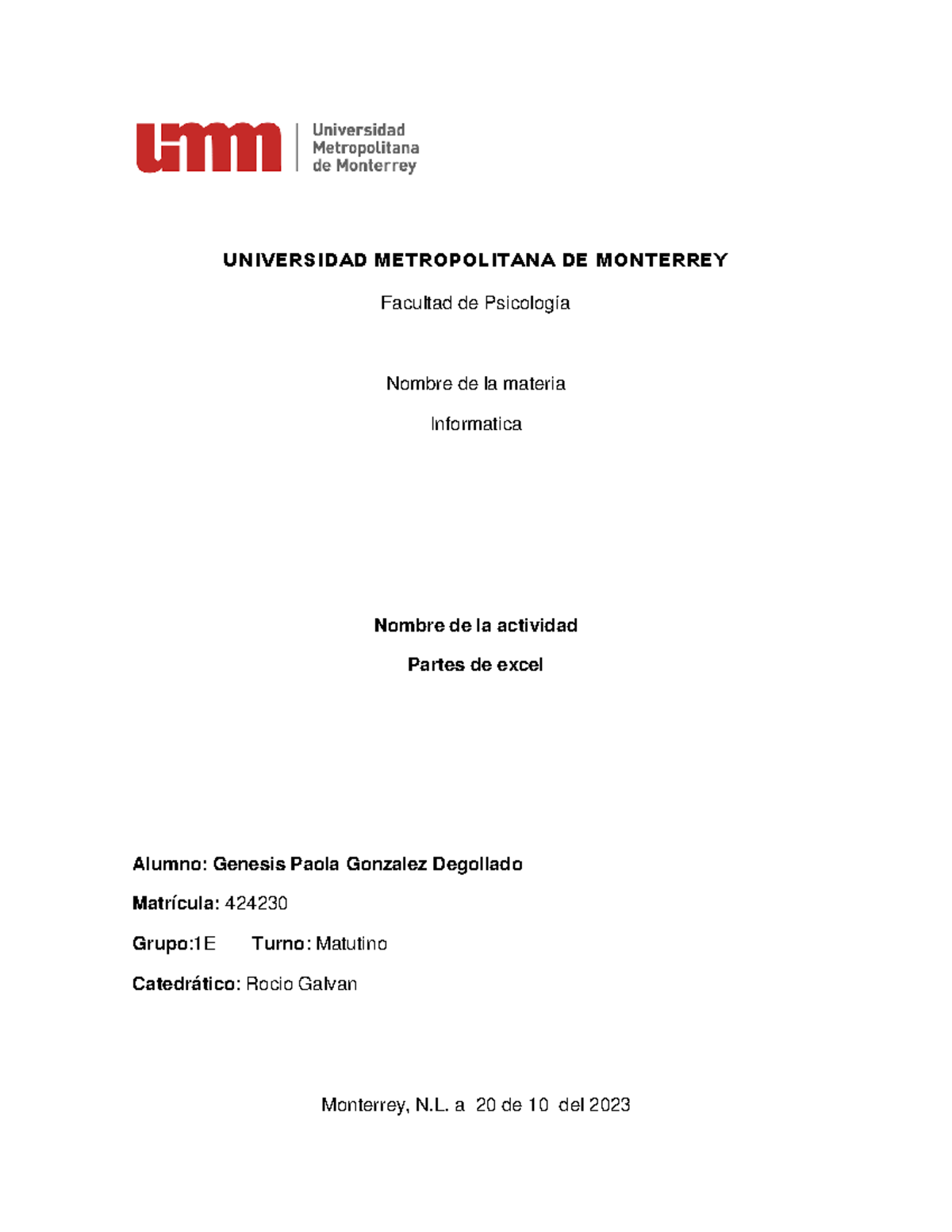 Portada Trabajo - Jkk - UNIVERSIDAD METROPOLITANA DE MONTERREY Facultad ...