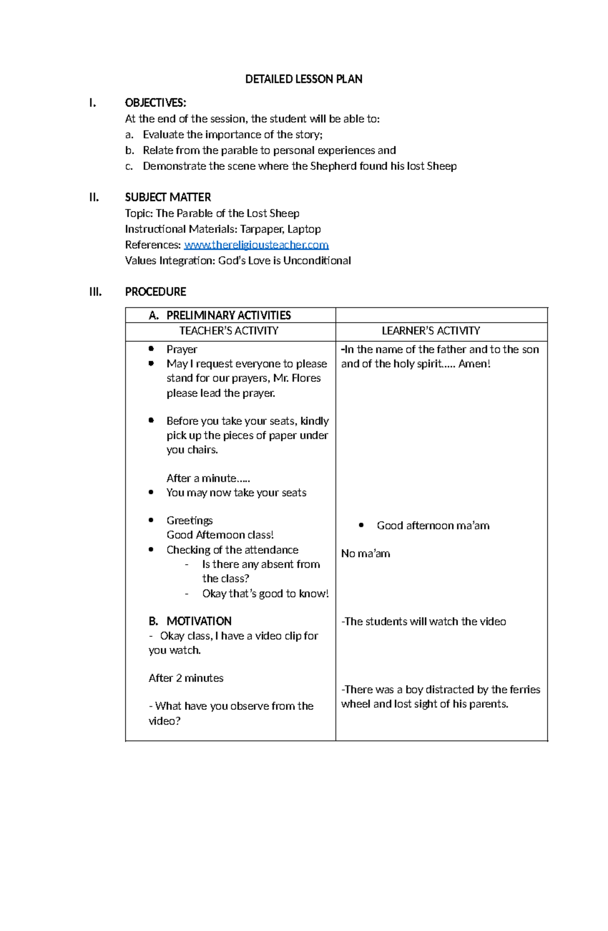 Detailed Lesson PLAN - DETAILED LESSON PLAN I. OBJECTIVES: At the end ...