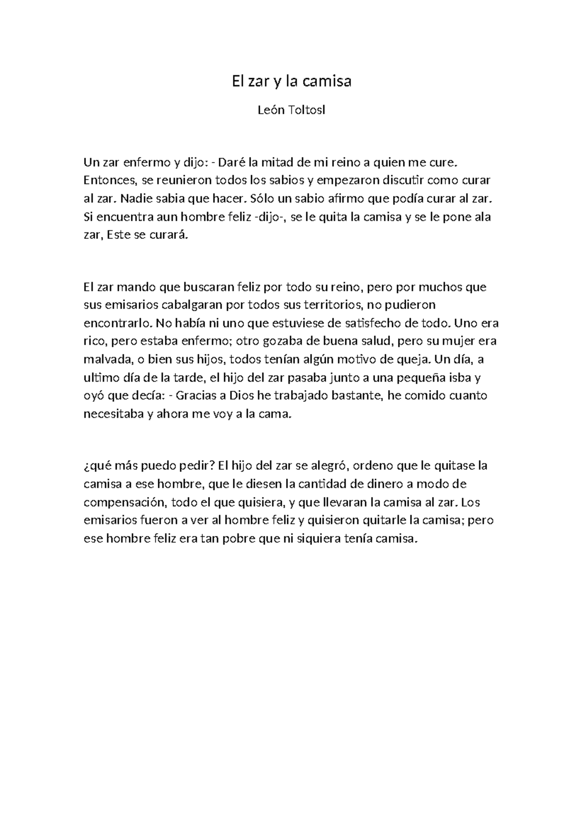 Doc1 - ................... - El zar y la camisa León Toltosl Un zar ...