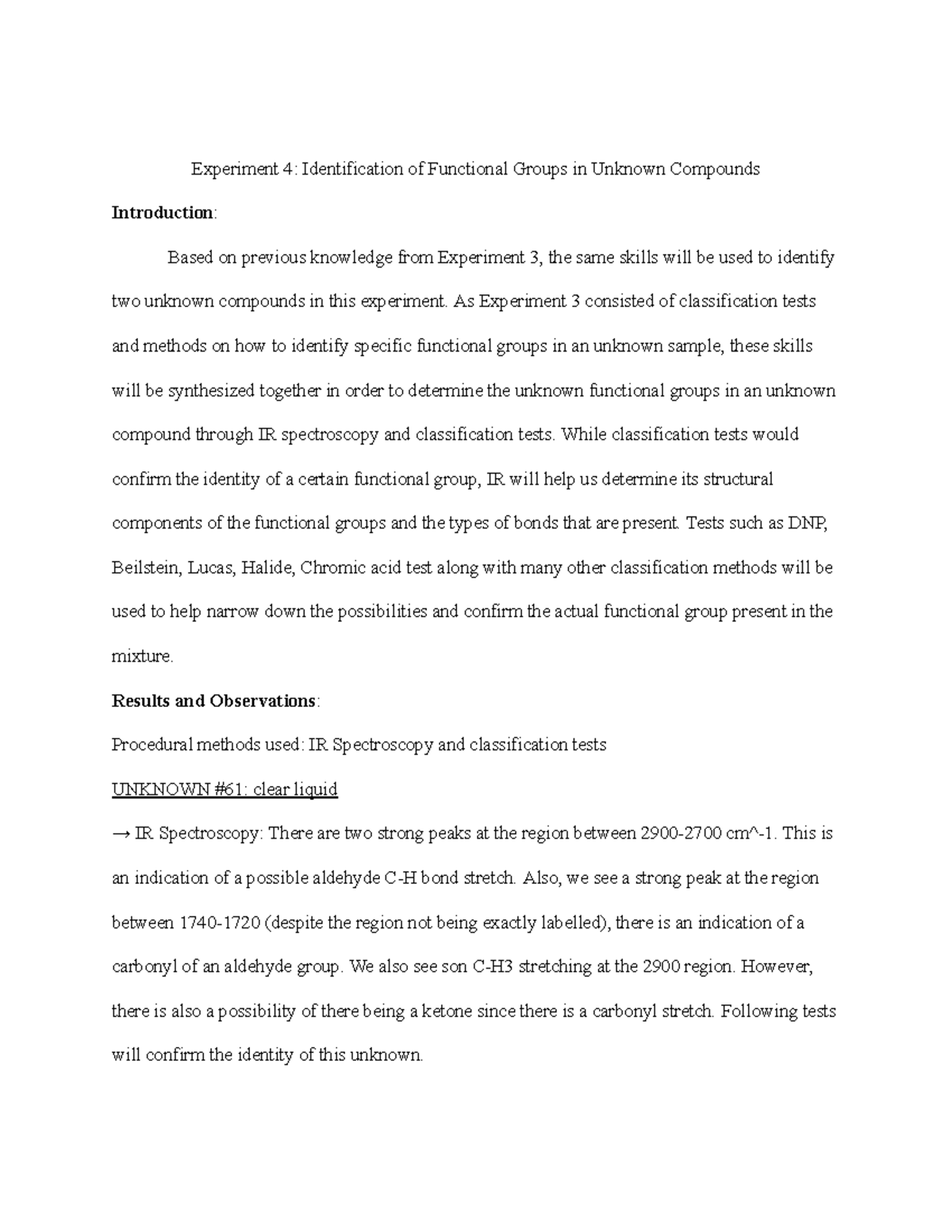 CHEM 225 Lab #4 - Experiment 4: Identification of Functional Groups in ...