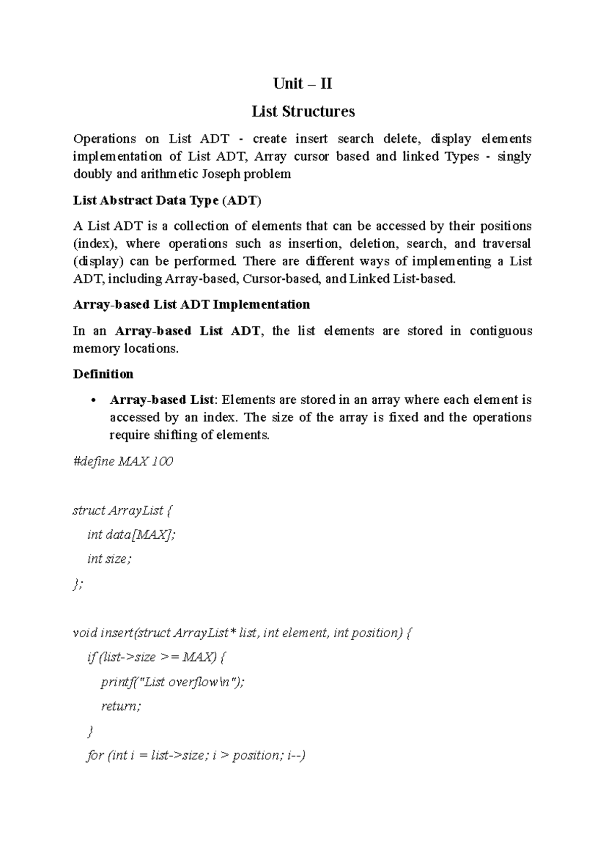 Unit - 2 - Short notes - Unit – II List Structures Operations on List ...