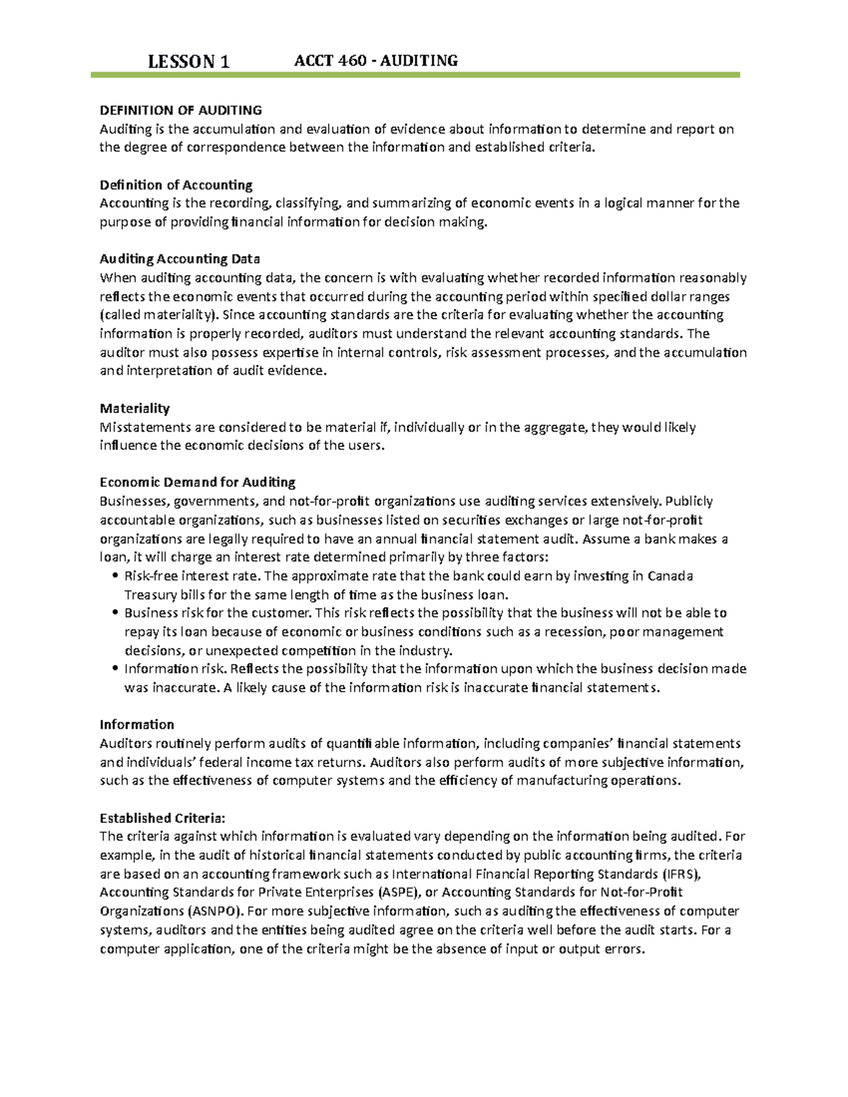 ACCT 460 - Lesson 1 Notes - DEFINITION OF AUDITING Audiing is the ...