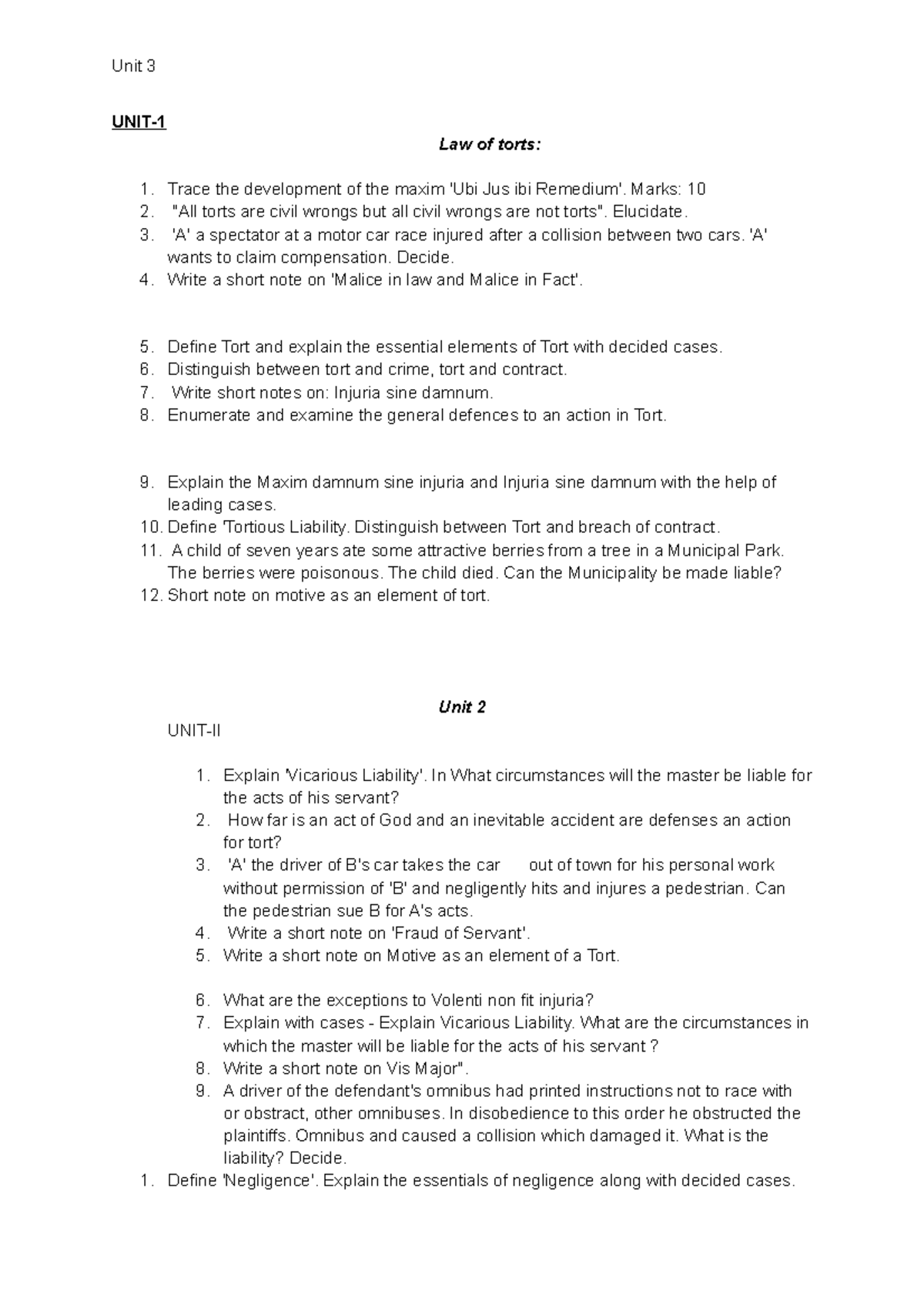 PYQs of torts - Important questions - Unit 3 UNIT- Law of torts: Trace ...