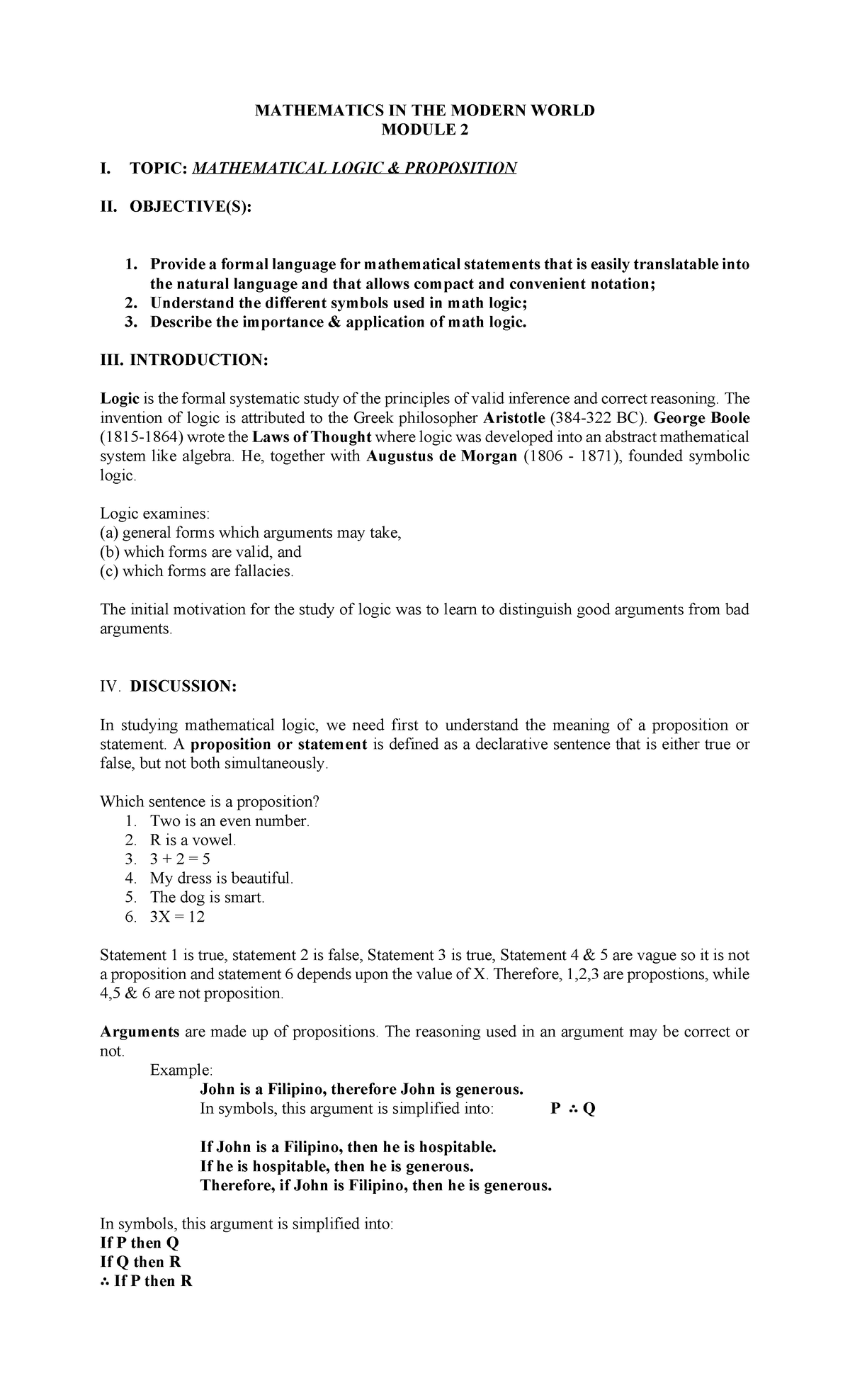 MMW Module 2 Math Logic MATHEMATICS IN THE MODERN WORLD MODULE 2 I mmw-module-2-math-logic-mathematics-in-the-modern-world-module-2-i