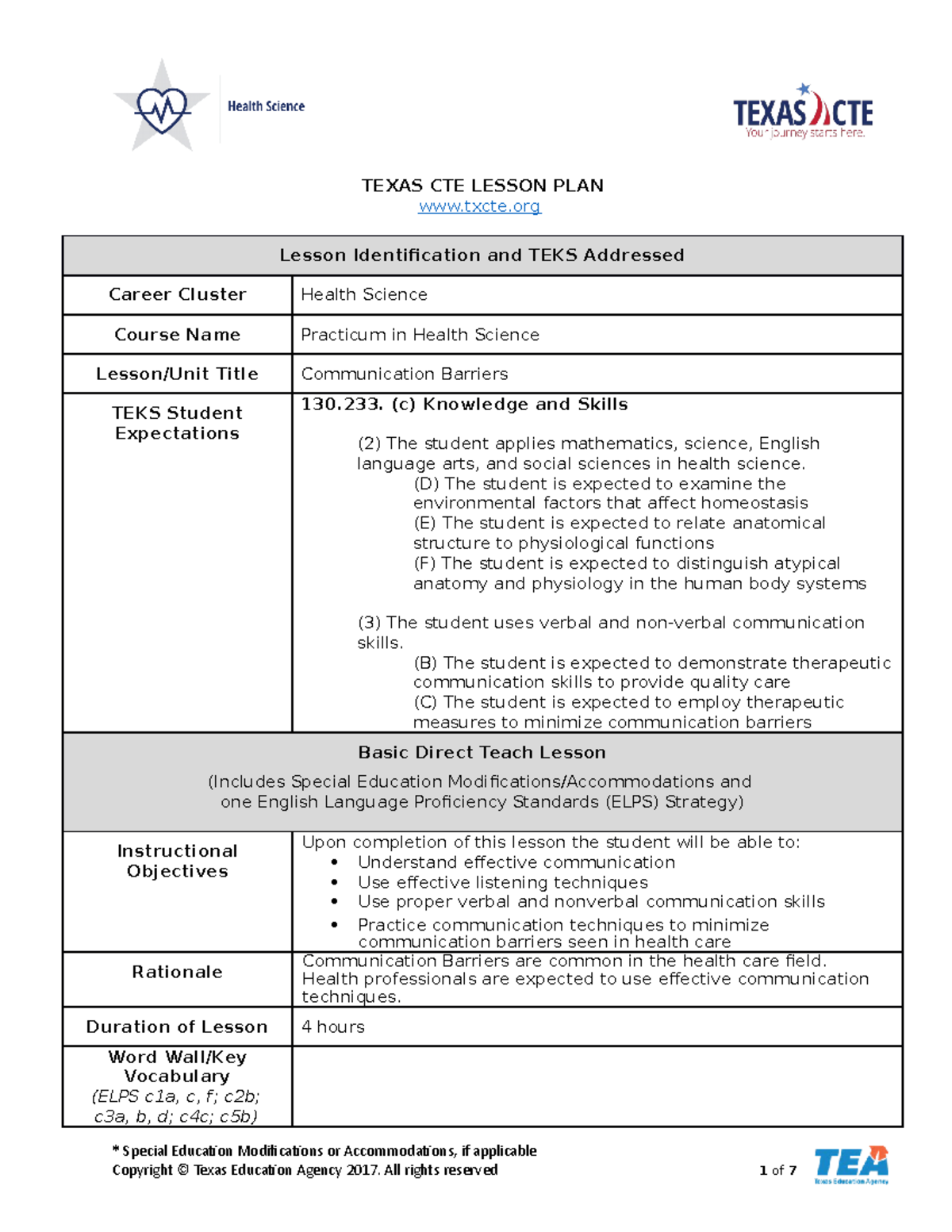 Lesson Plan Communication Barriers - TEXAS CTE LESSON PLAN txcte Lesson ...