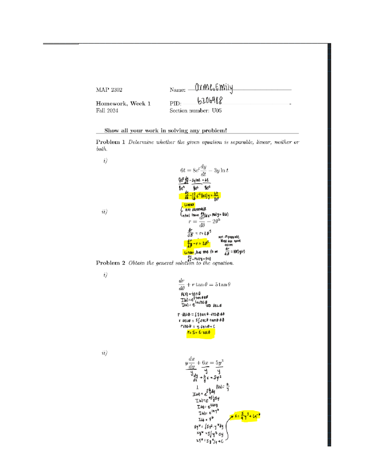 Homework One MAP 2302 - MAP 2302 Name: Orme,Emily Homework, Week 1 PID ...