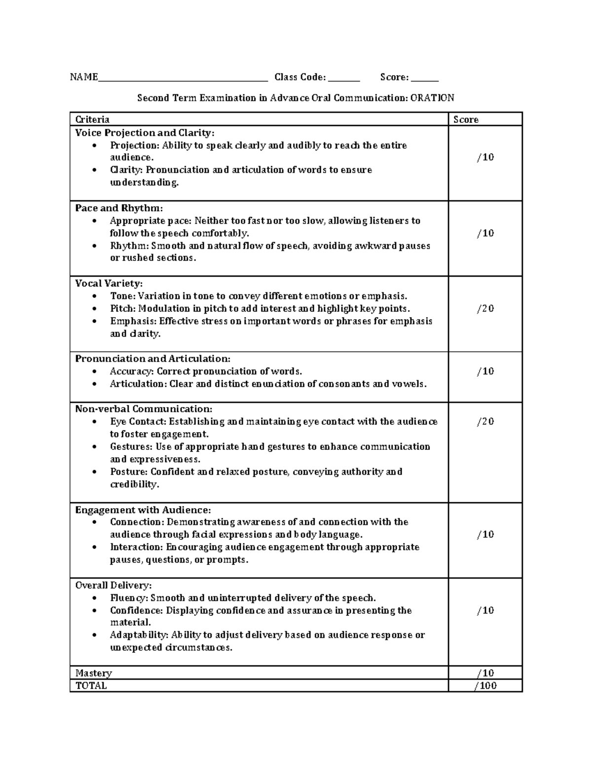 Oration Rubric 2nd-Term-Exam - NAME ...