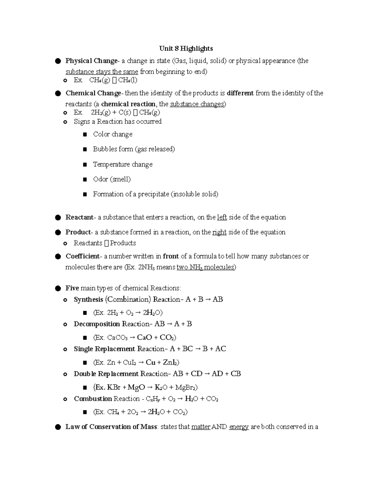 CP Unit 8 Highlights - chem - Unit 8 Highlights Physical Change- a ...