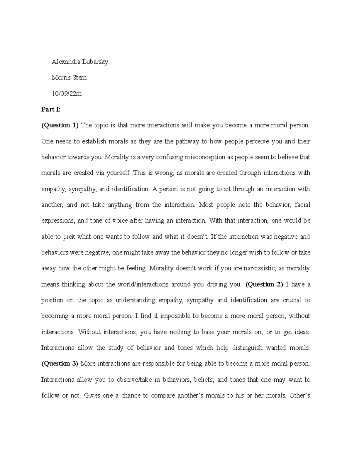 Mill's Perspective Claim Essay - Alexandra Lubarsky Morris Stern 10/09 ...