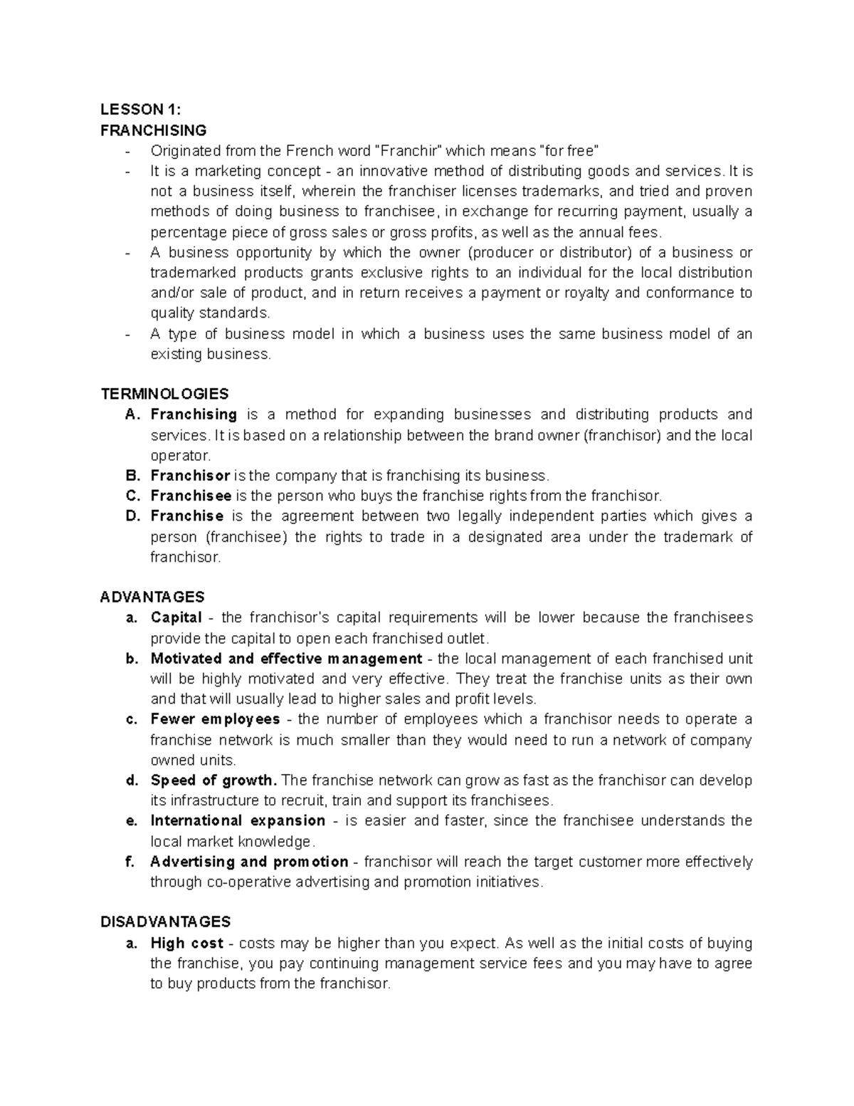 Franchising Lesson 1 - Chapters 1 & 2 - LESSON 1: FRANCHISING ...