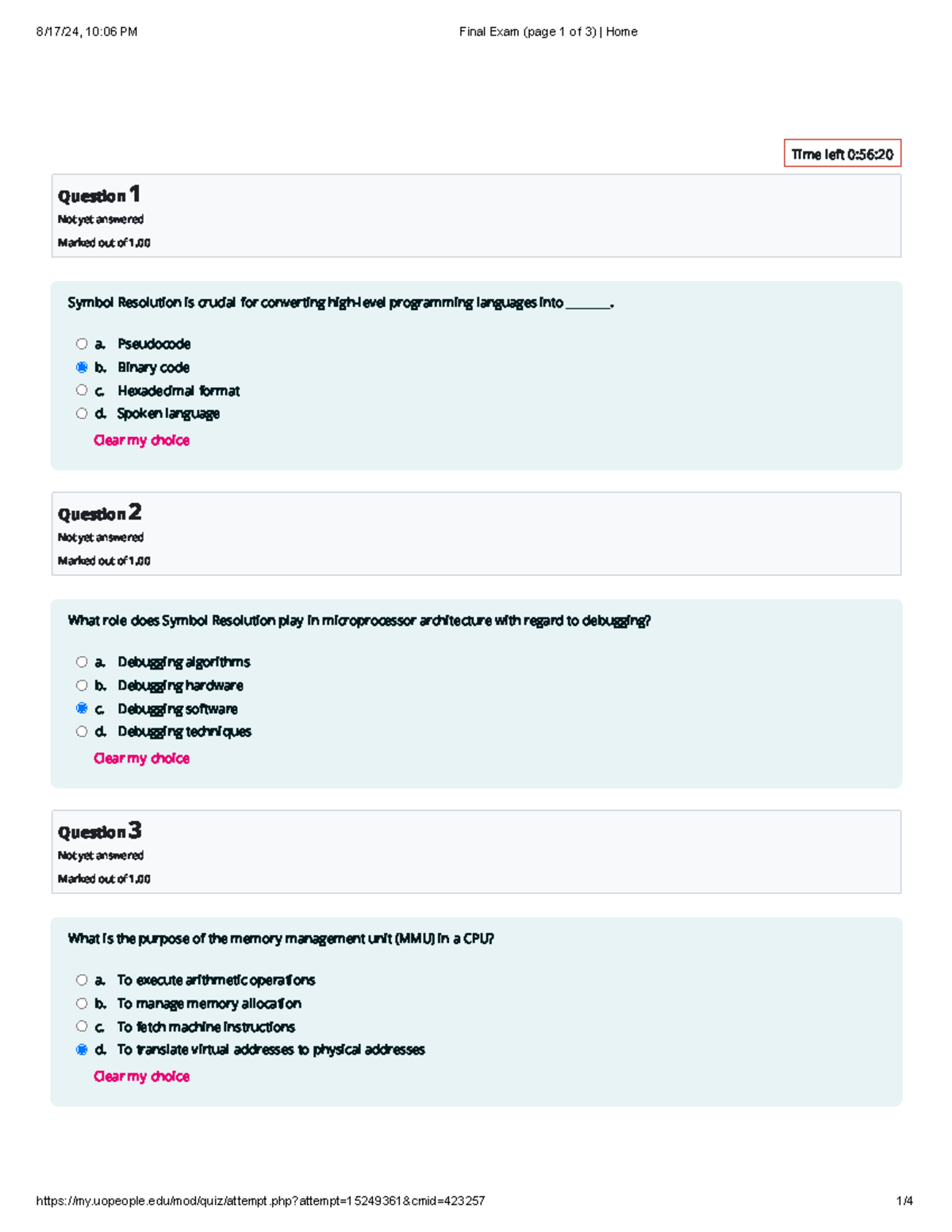 CS 1105 Final Exam (page 1 of 3) Home - Question 1 Not yet answered Marked out of 1. Question 2 ...