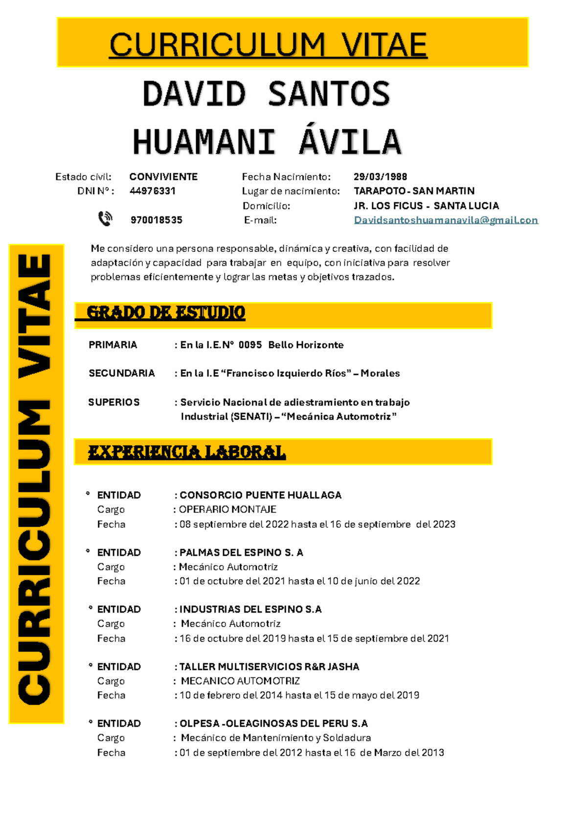 CV David Santos Huamani Avila - Estado civil: CONVIVIENTE Fecha Nacimiento: 29/03/ DNI N ...