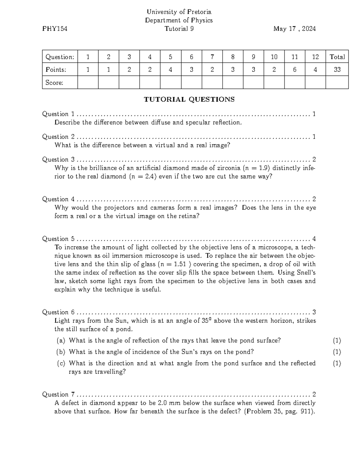 Tut 9 Optics - tutorial work - PHY University of Pretoria Department of ...