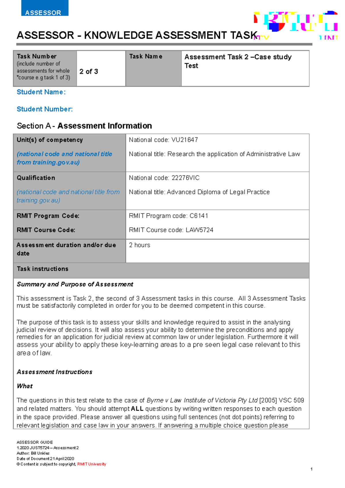 Assessment Two - Sem 1 2020 On-line-1-2 - ASSESSOR - KNOWLEDGE ASSESSMENT TASK Task Number ...
