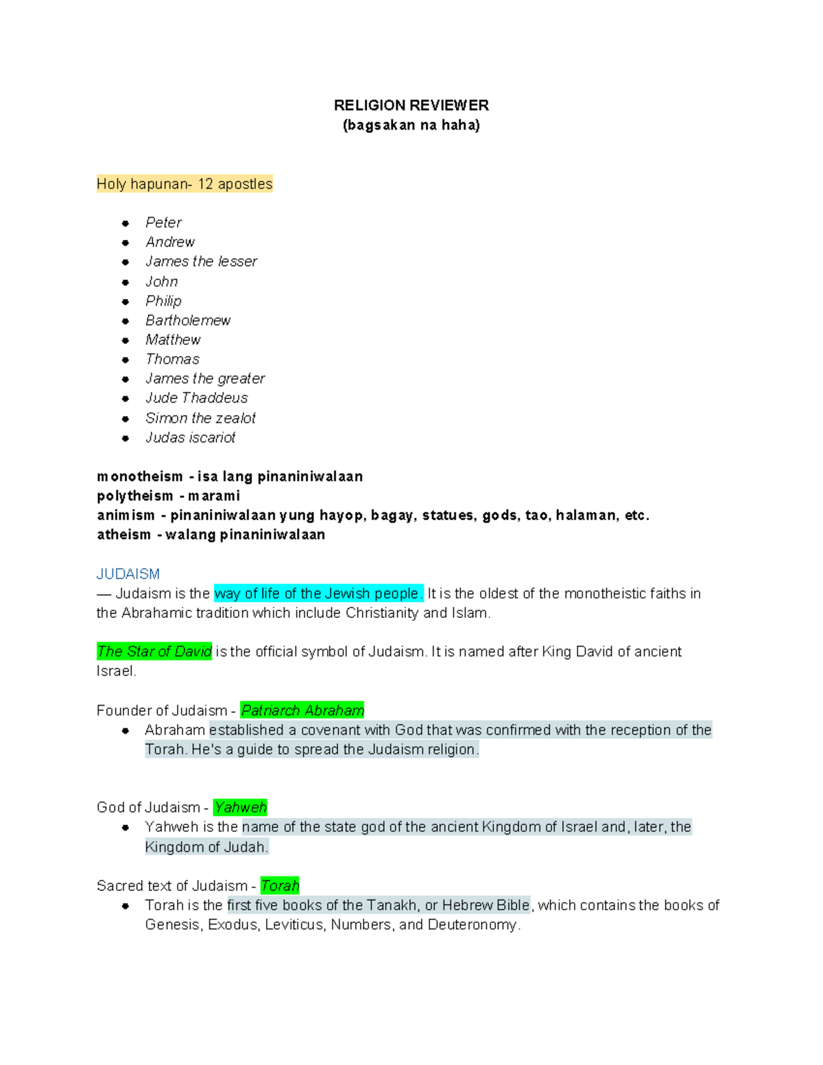 World Religion gr11 - RELIGION REVIEWER (bagsakan na haha) Holy hapunan ...