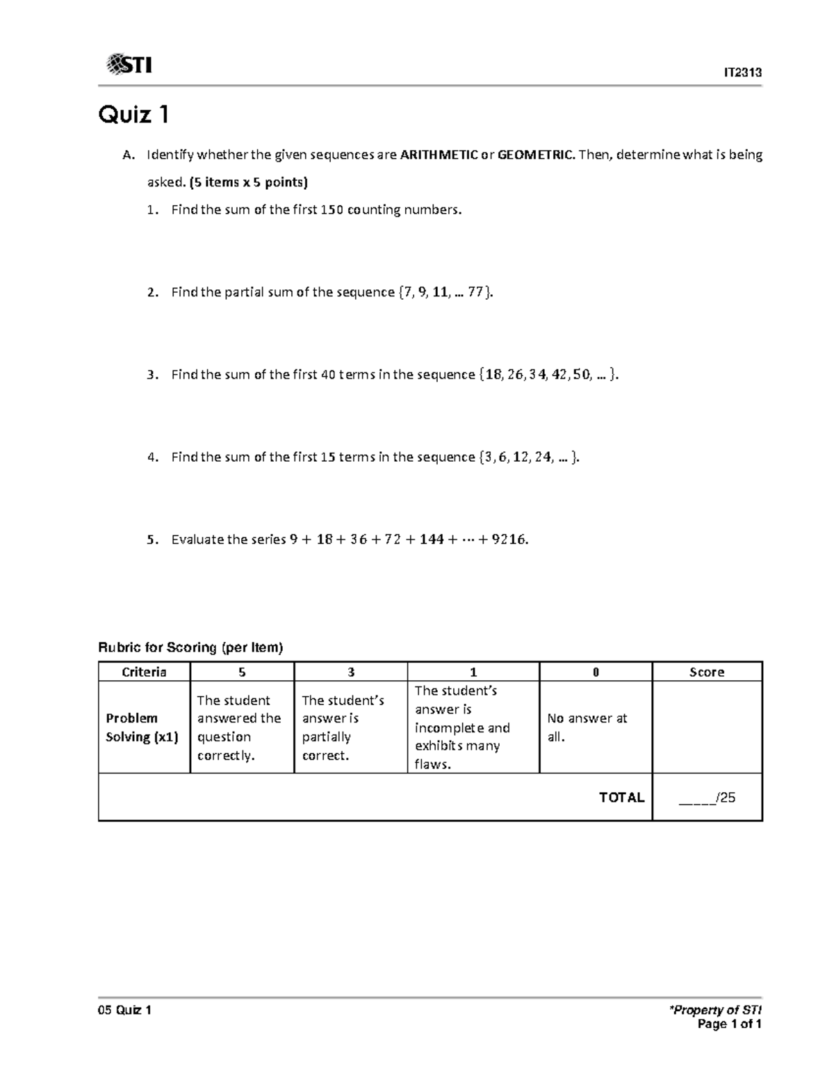 05 Quiz 1 - Hggg - IT 05 Quiz 1 *Property of STI Page 1 of 1 Quiz 1 A ...