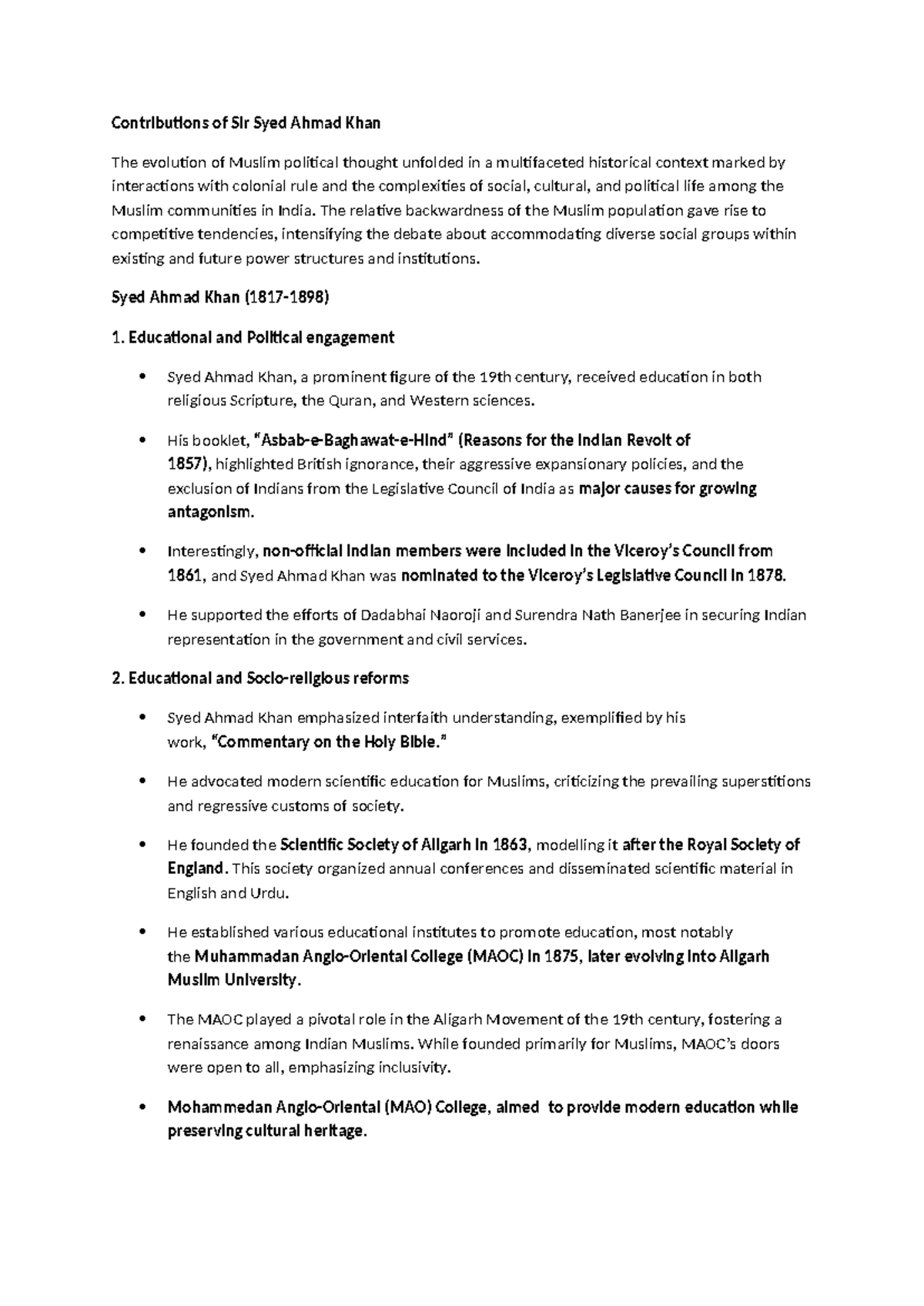 Sir Syed Ahmad Khan - Summary history on india - Contributions of Sir ...