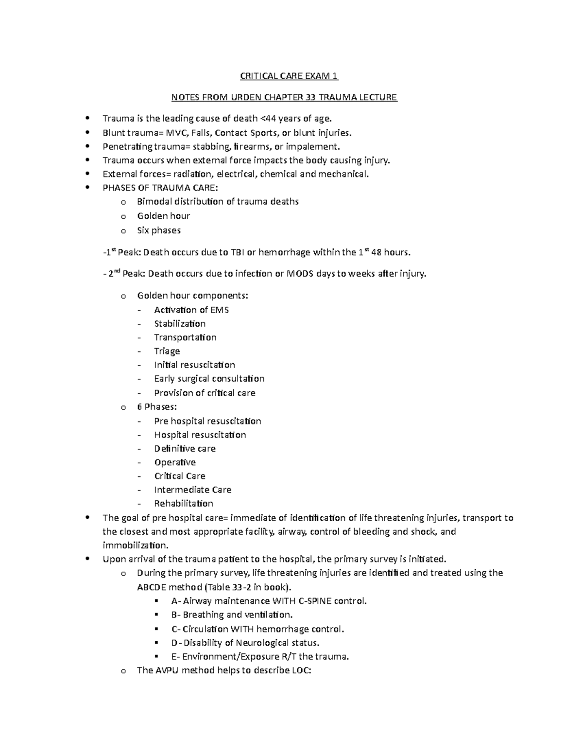 Critical CARE Notes TRAUMA - CRITICAL CARE EXAM 1 NOTES FROM URDEN ...