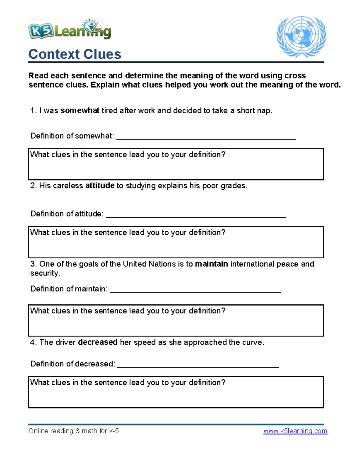 4th grade vocab context clues 1 and answers - Context Clues Online ...