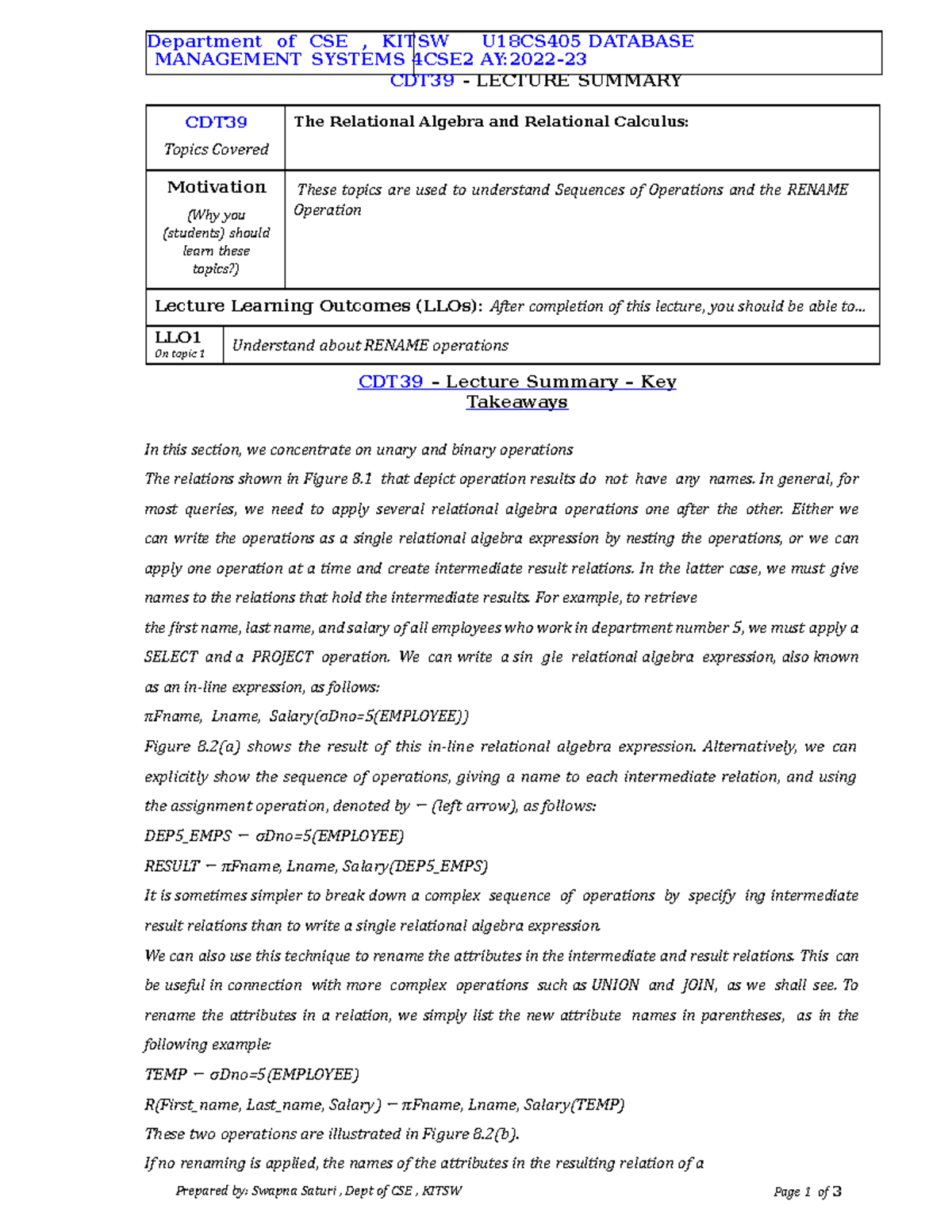 DBMS CDT39 Week 10 Summary 4CSE2 SS 2022-23 - Department of CSE , KITSW ...