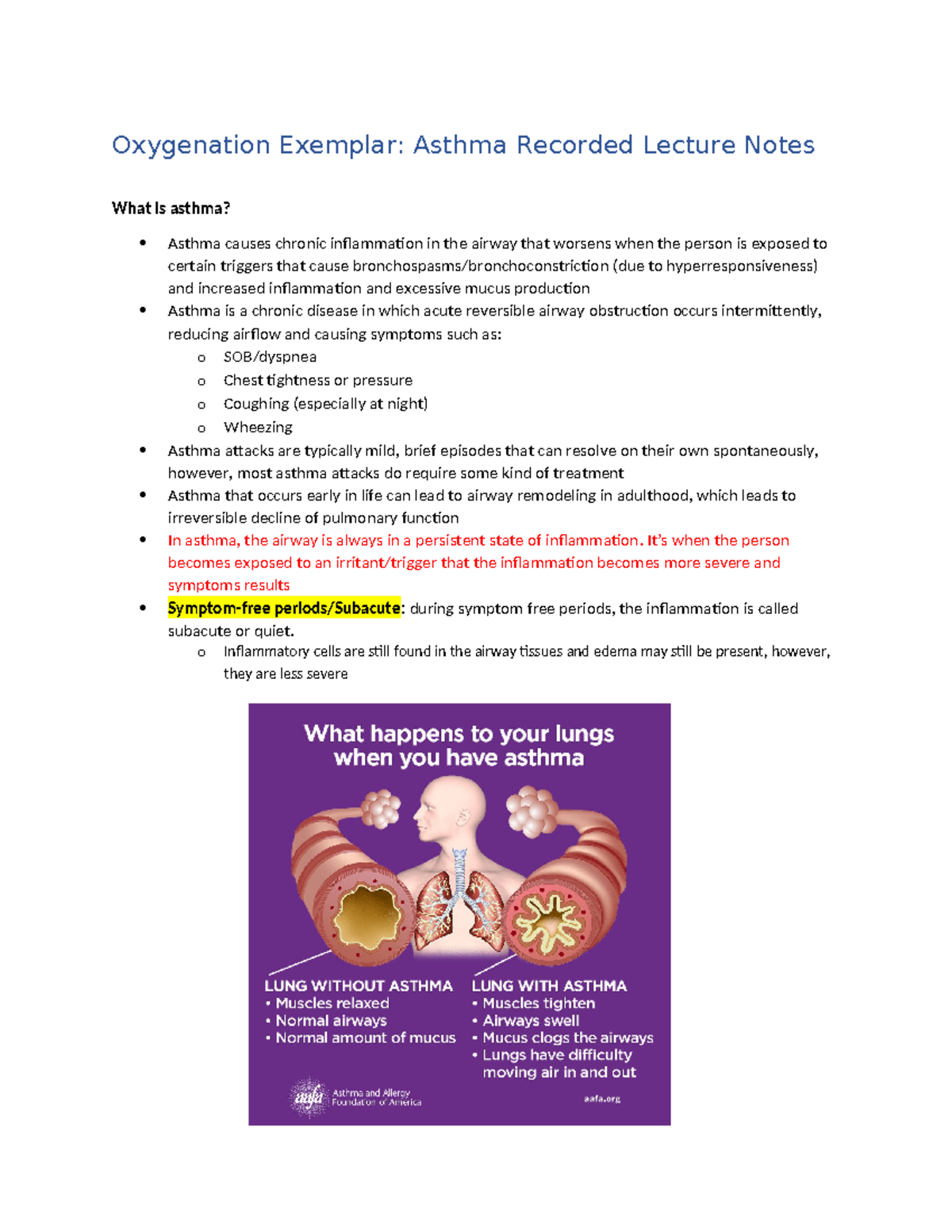 Asthma Lecture Notes - NSG 170 - NOVA - Studocu