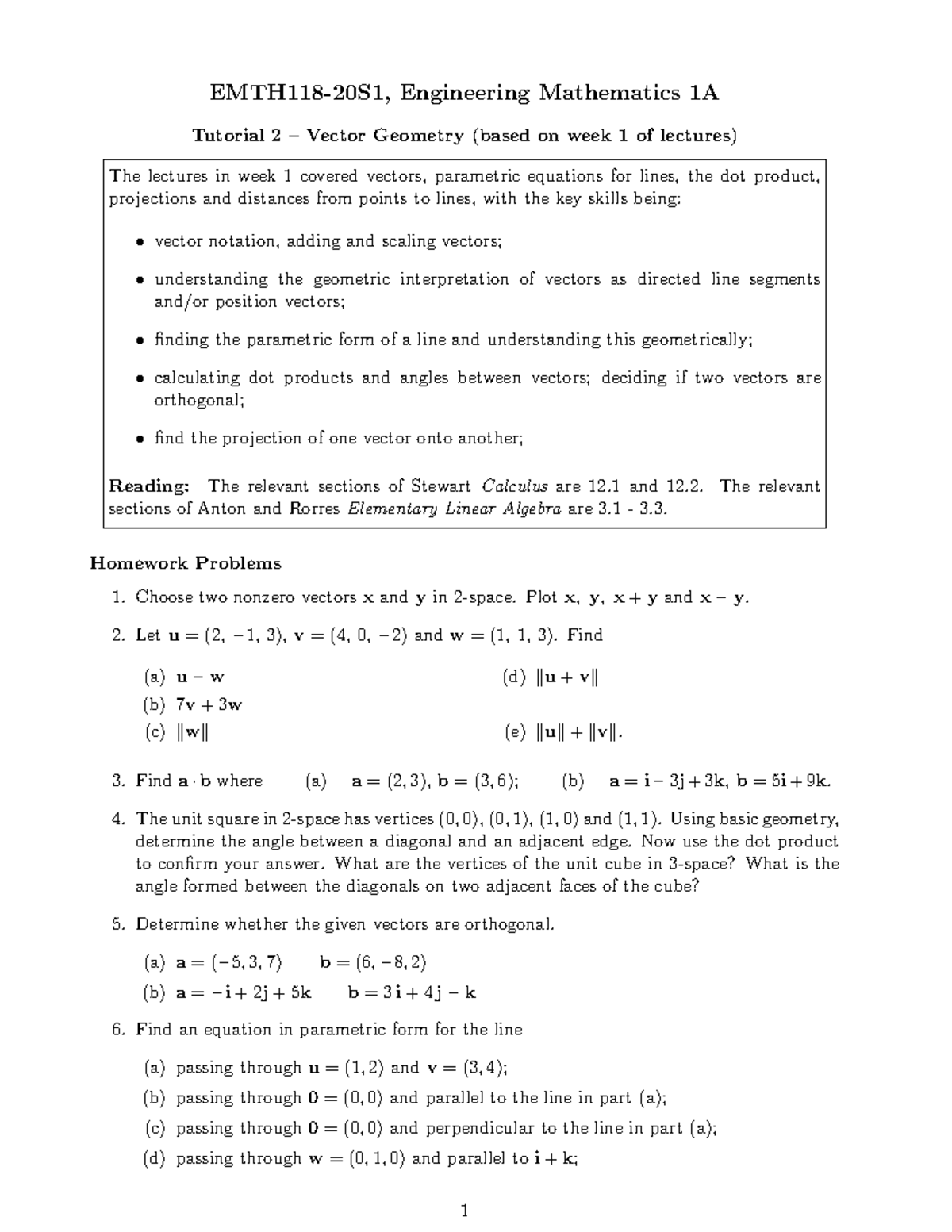 EMTH118-20S1 tut2 - Tutorial 2 questions - EMTH118-20S1, Engineering ...