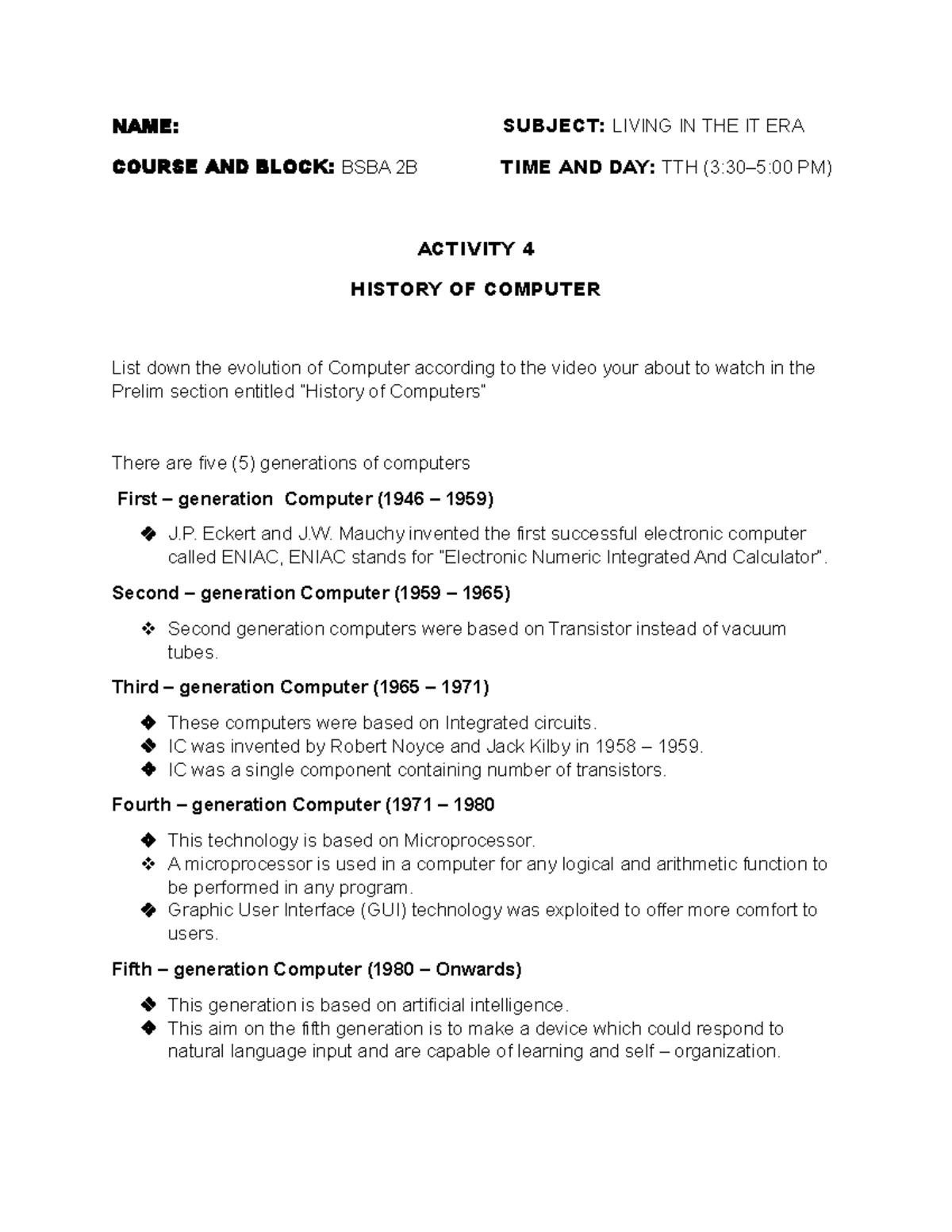 Document - Sagot - NAME: SUBJECT: LIVING IN THE IT ERA COURSE AND BLOCK ...