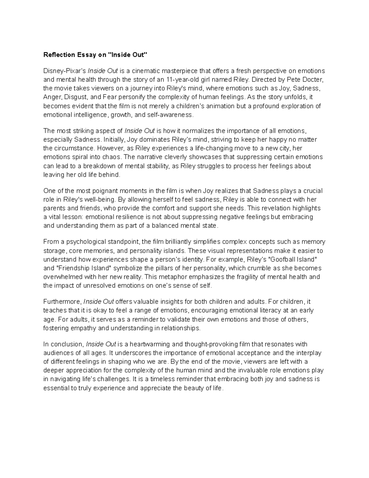 Reflection Essay on Inside Out - Reflection Essay on "Inside Out ...