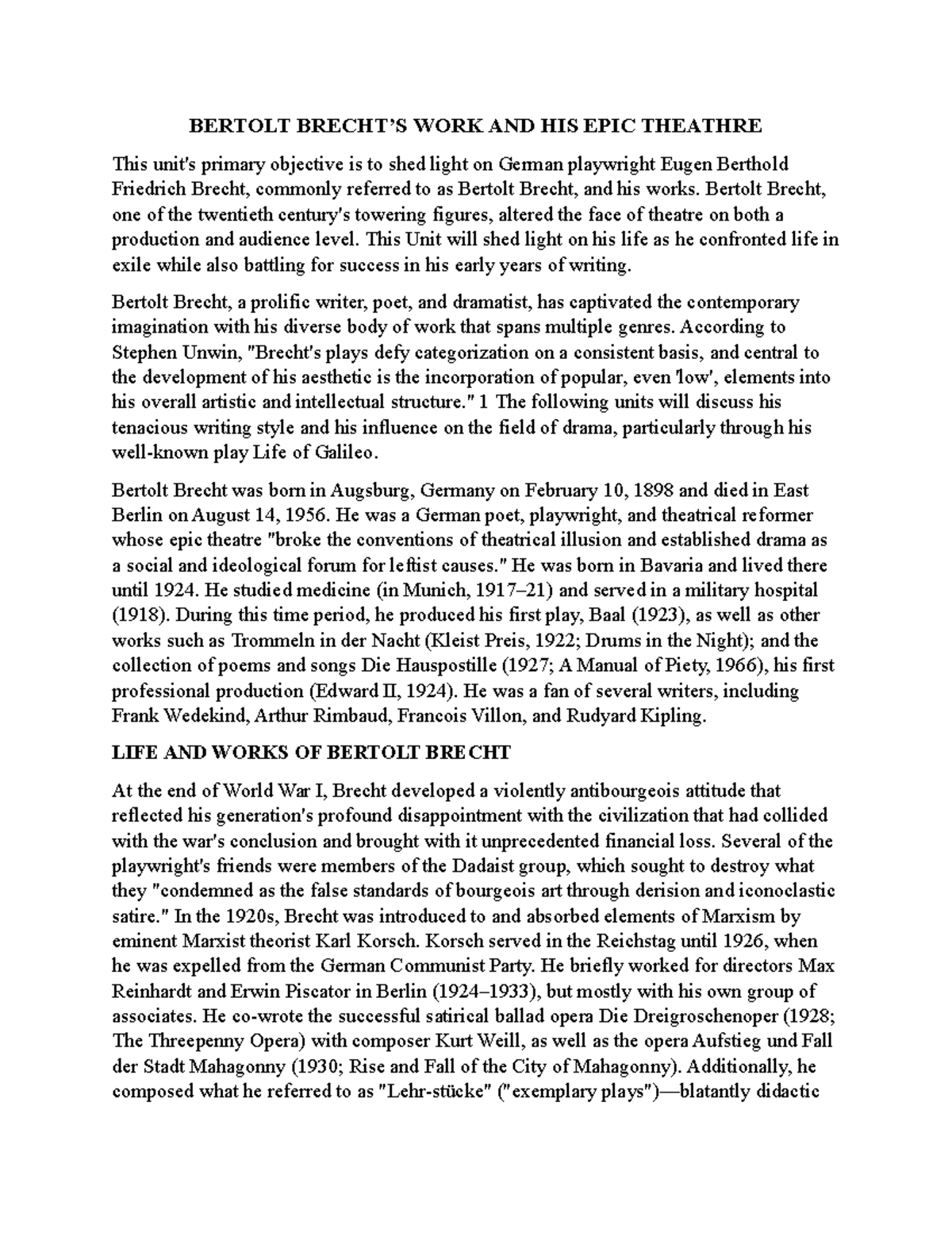 Bertolt Brecht'S WORK AND EPIC Theatre - BERTOLT BRECHT’S WORK AND HIS ...