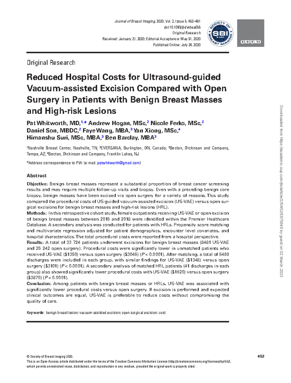 Wbaa055 - Reduced Hospital Costs for Ultrasound-guided Vacuum-assisted ...