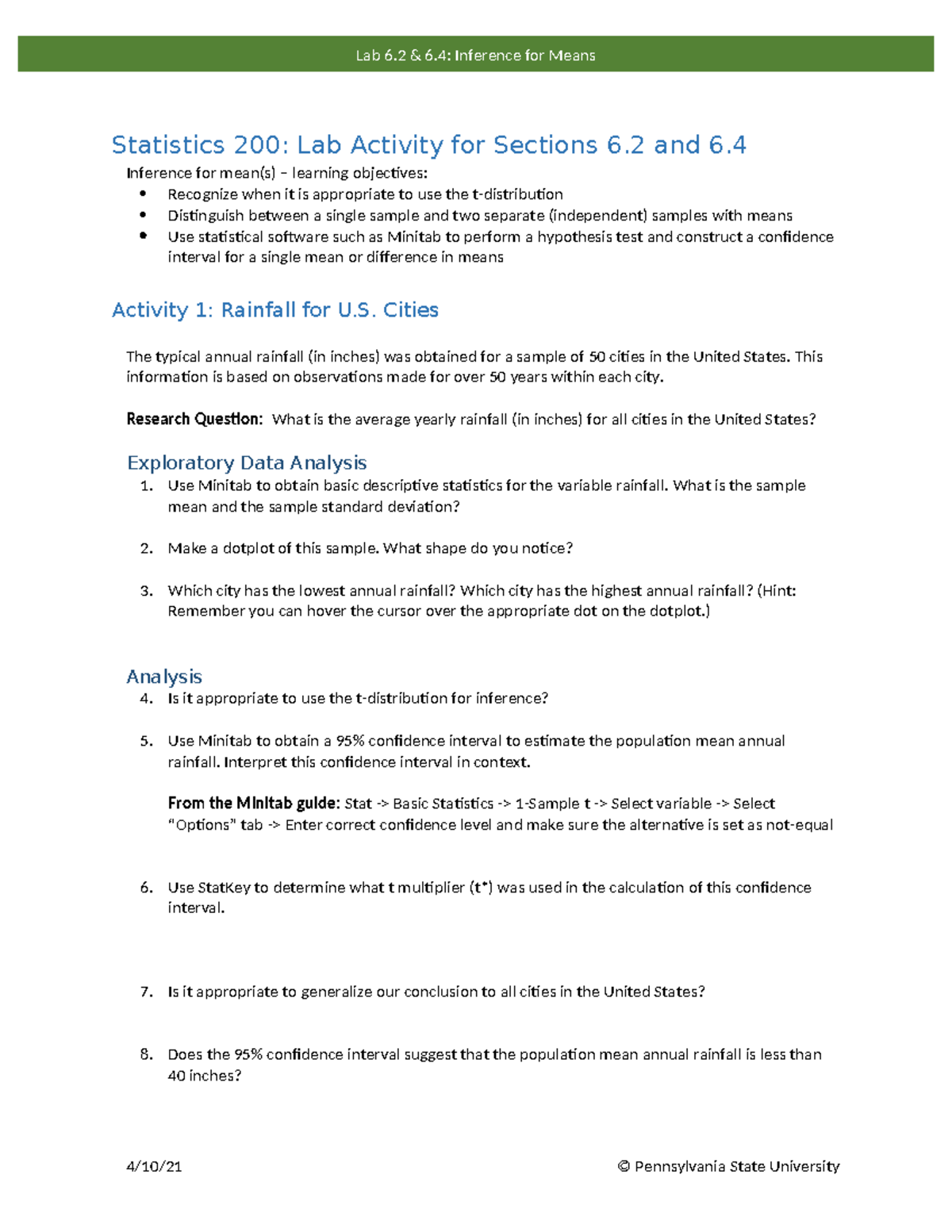 Section 06.2 6.4 Shared lab - Statistics 200: Lab Activity for Sections 6 and 6. Inference for ...