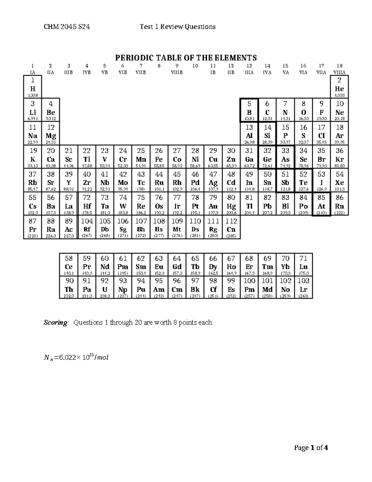 Test 1 Blank - notes - PERIODIC TABLE OF THE ELEMENTS 1 IA 2 IIA 3 IIIB ...