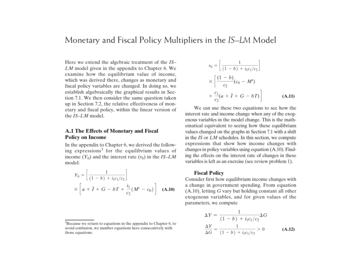 Monetary and Fiscal Policy Multipliers in the IS-LM Model - MACRO ...
