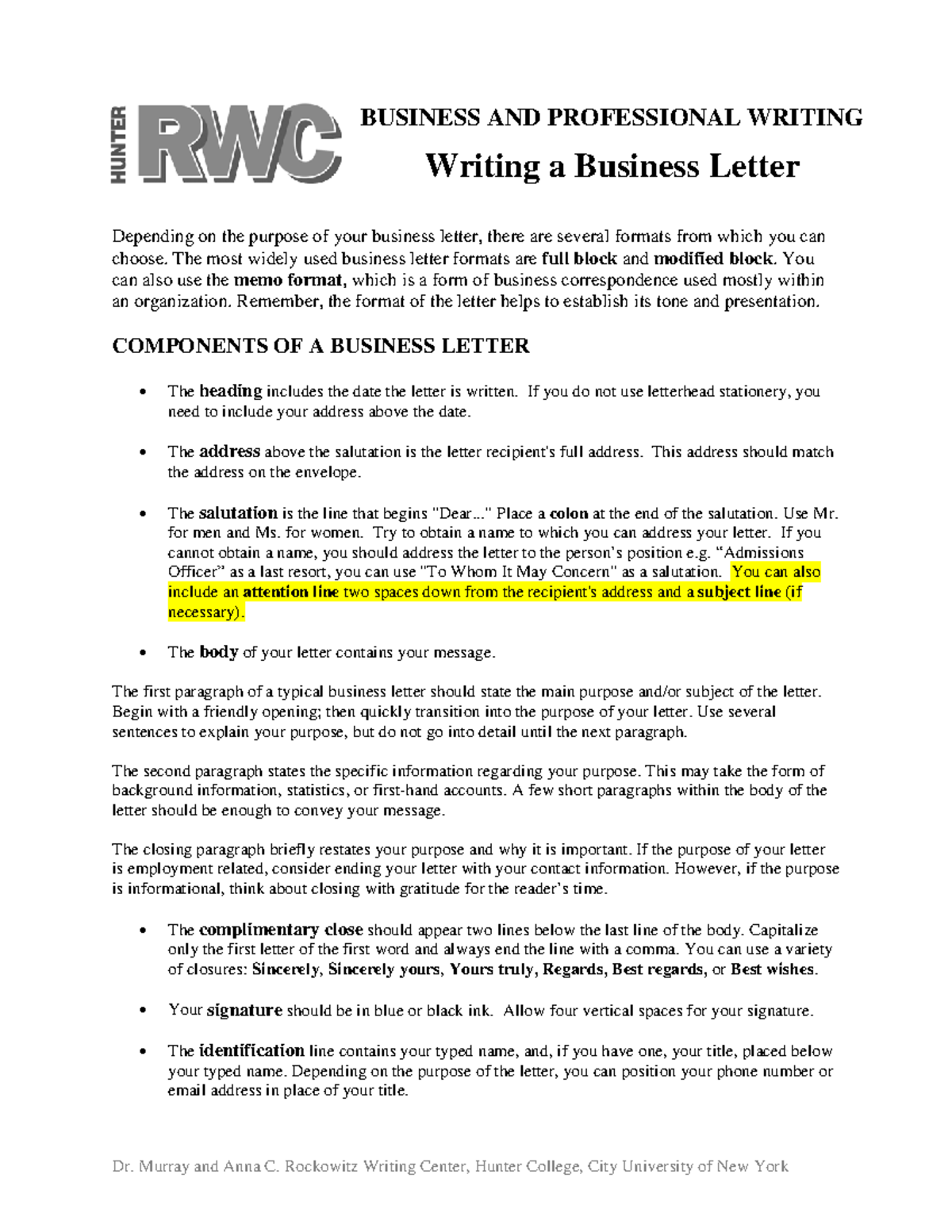 Business Letter Handout - major rev - BUSINESS AND PROFESSIONAL WRITING ...